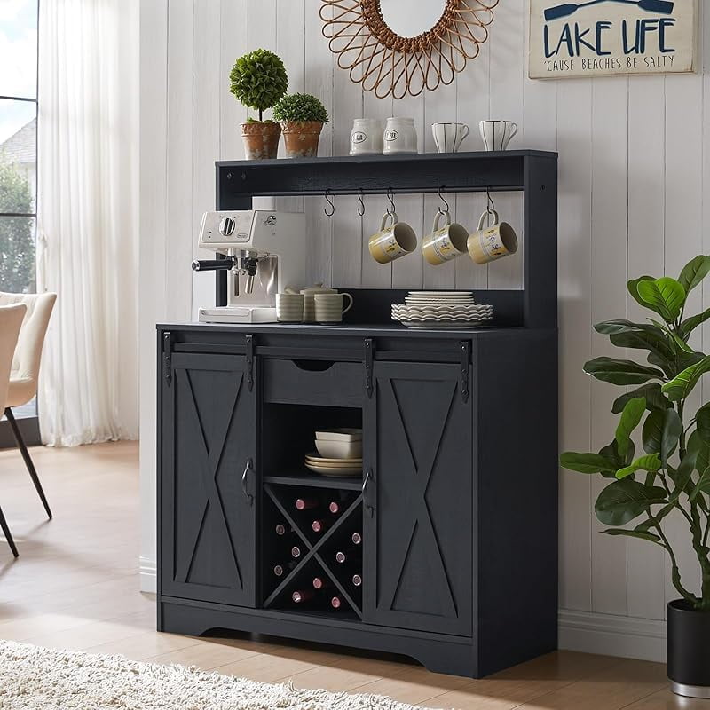 Wnutrees Farmhouse Coffee Bar Cabinet with Charging Station and USB ...