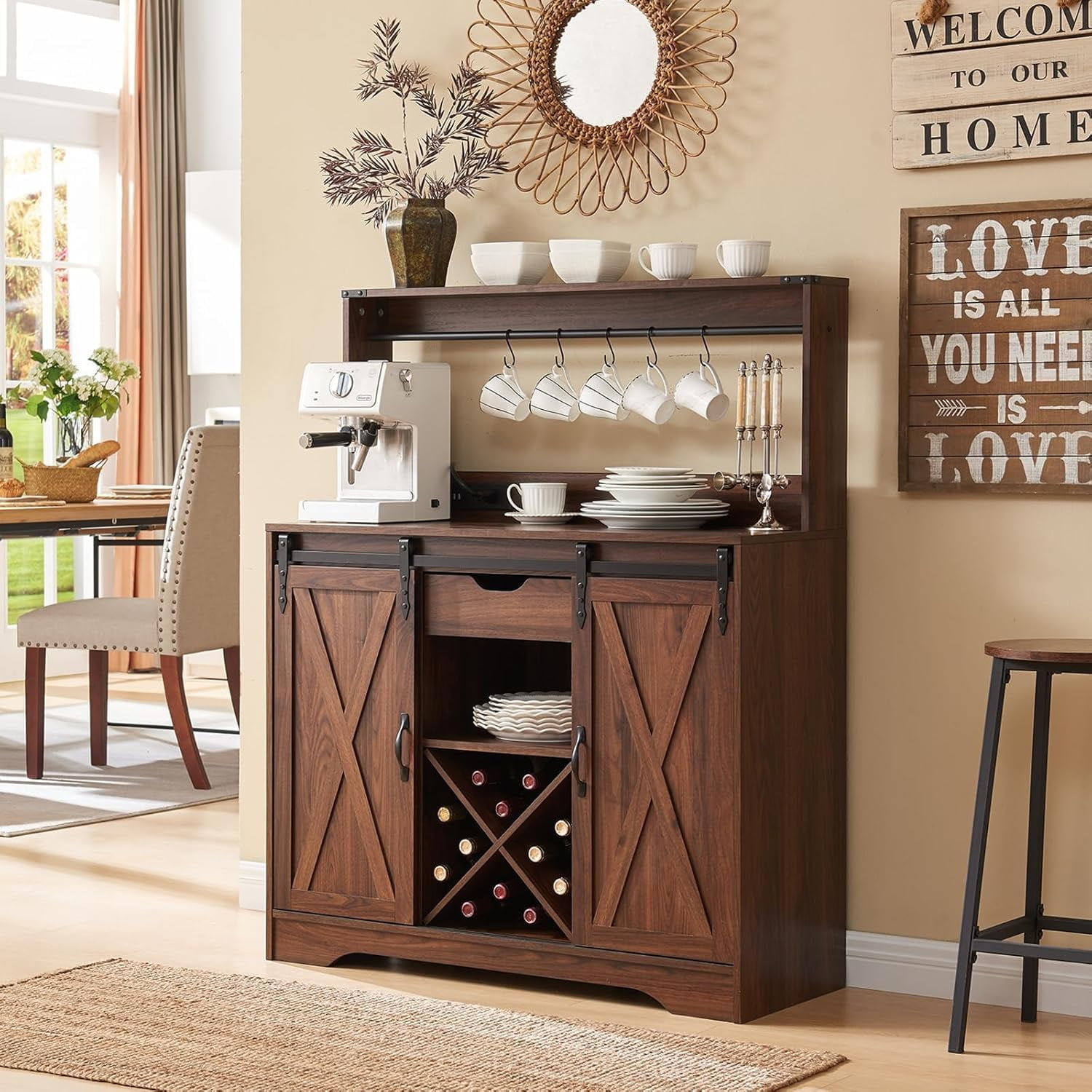 Wnutrees Farmhouse Coffee Bar Cabinet with Charging Station and USB ...