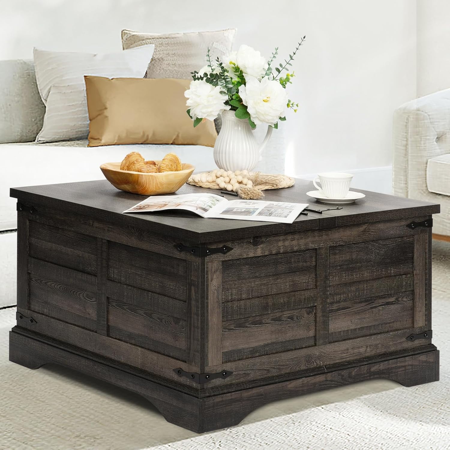 Wnutrees Farmhouse Coffee Table with Hinged Lift Top and Large Hidden ...