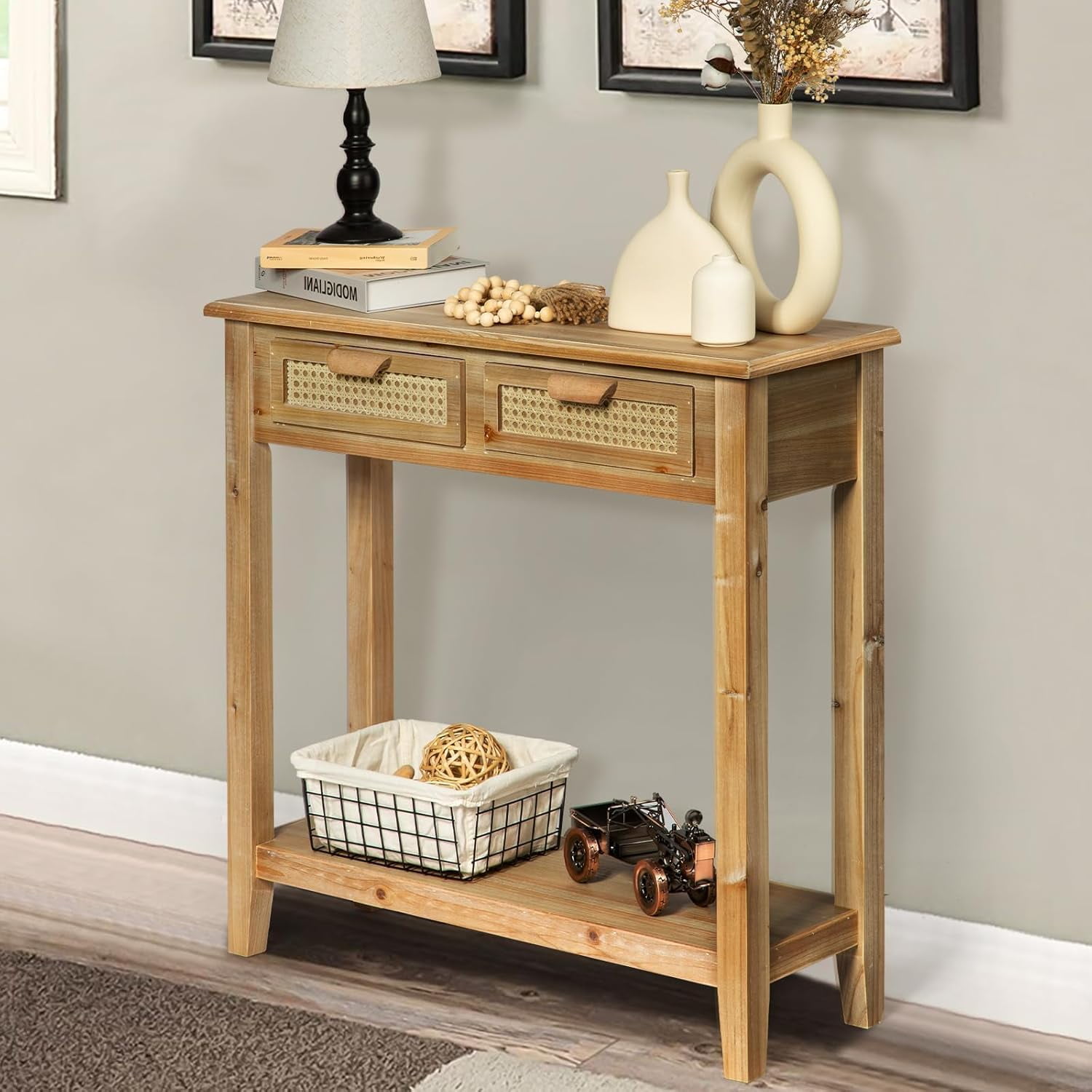 Wnutrees Farmhouse Console Table with 2 Rattan Drawers, 33" Long Narrow ...