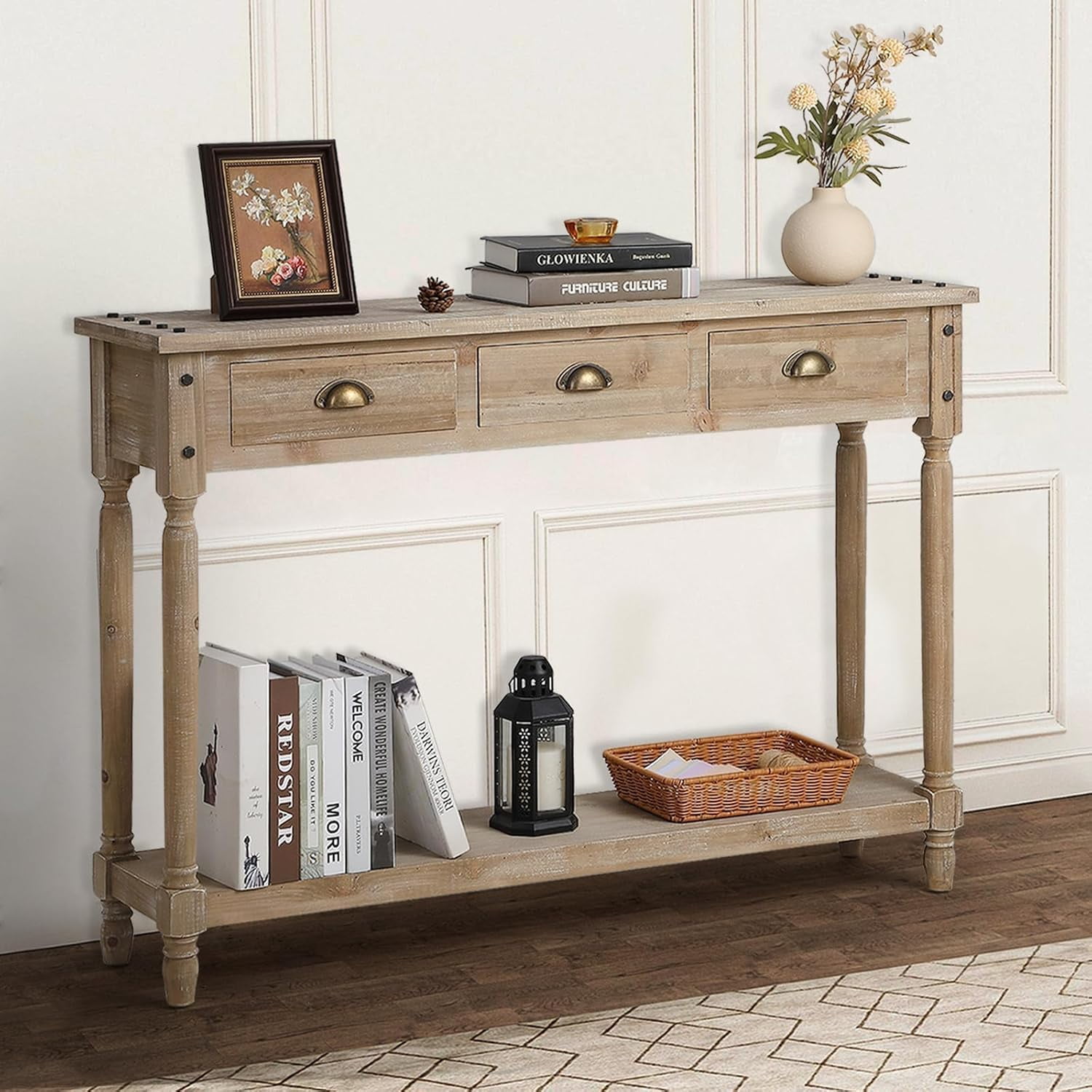 Wnutrees Farmhouse Console Table with 3 Drawers, 46" Long Narrow Boho ...