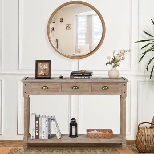 Wnutrees Farmhouse Console Table with 3 Drawers, 46" Long Narrow Boho ...