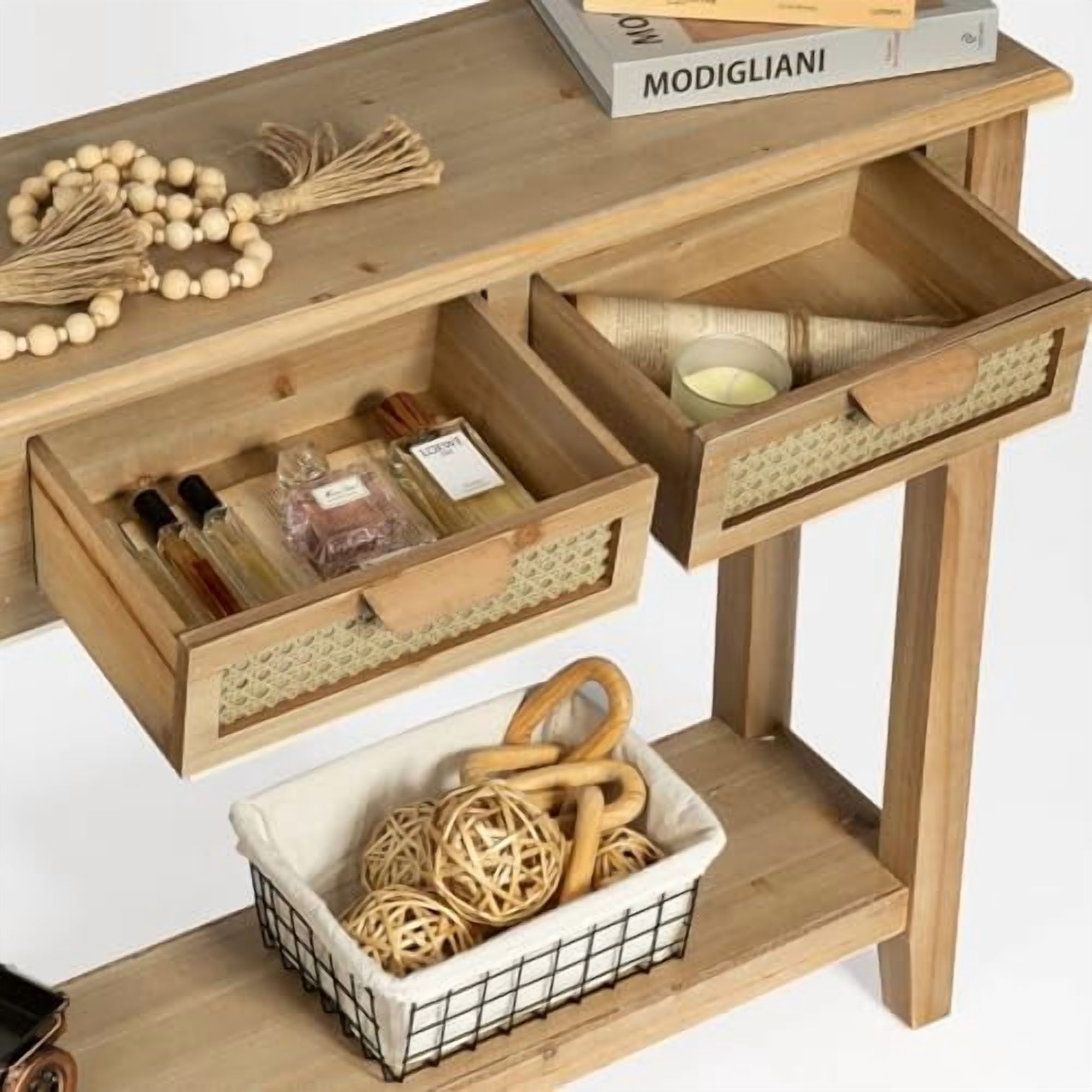 Wnutrees Farmhouse Console Table with 3 Rattan Drawers, 46" Long Narrow ...