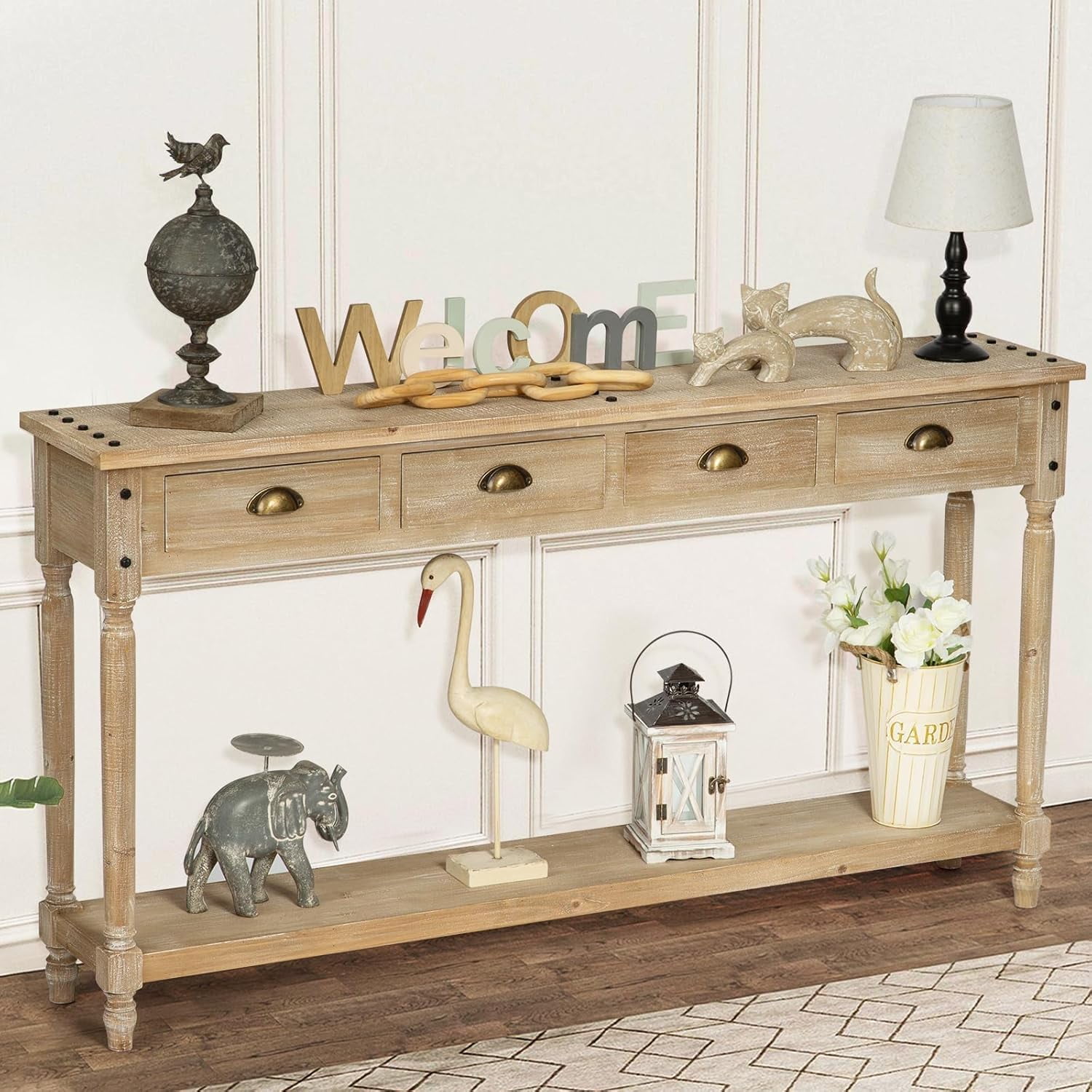 Wnutrees Farmhouse Console Table with 4 Drawers, 60" Long Narrow Boho ...