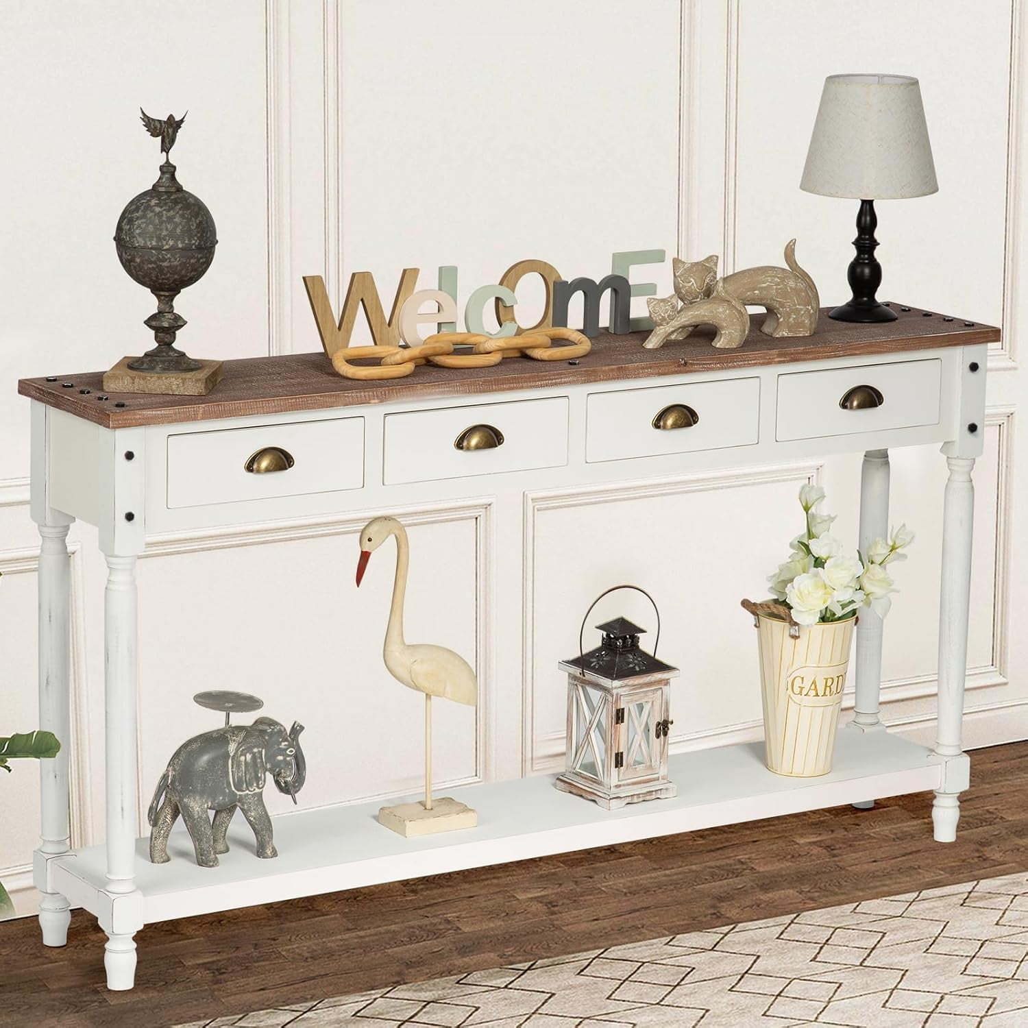 Wnutrees Farmhouse Console Table with 4 Drawers, 60" Long Narrow Boho ...