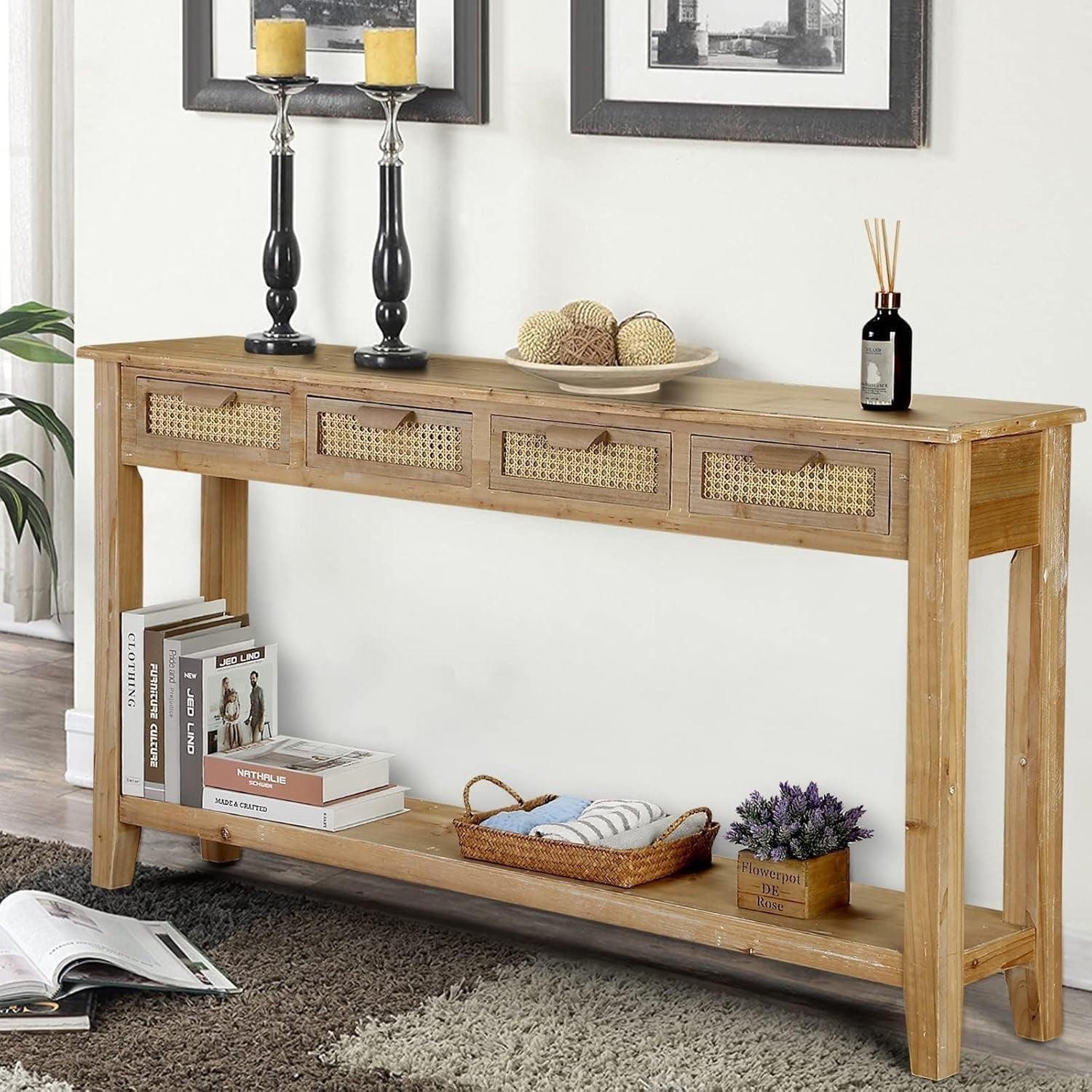 Wnutrees Farmhouse Console Table with 4 Rattan Drawers, 60" Long Narrow ...