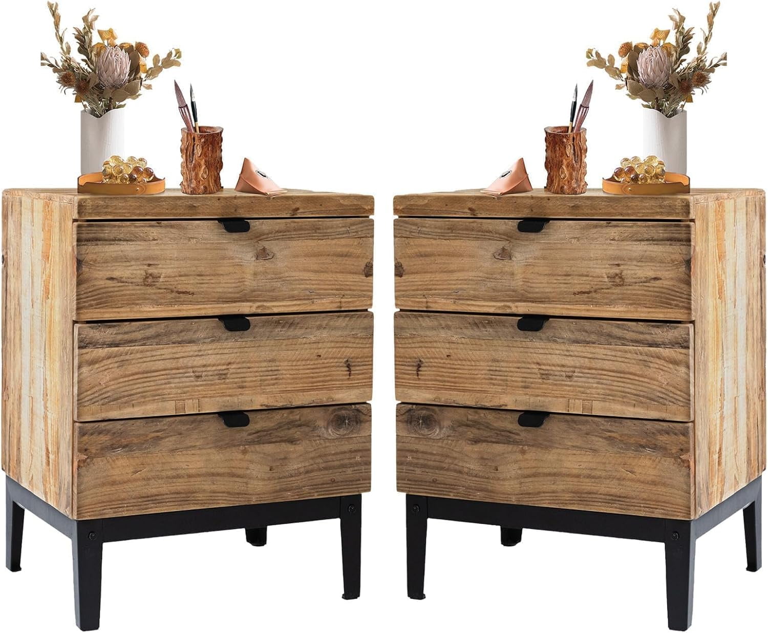 Wnutrees Farmhouse Nightstand Wood Bedside Table with 3-Drawers Bedside ...