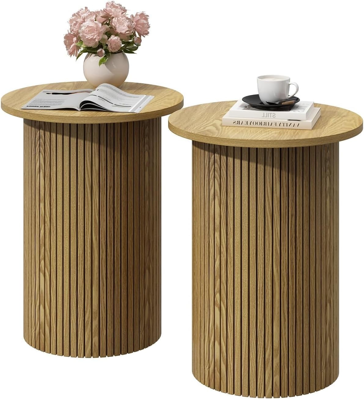 Wnutrees Round Fluted End Table, Small Accent Pedestal Side Table, Wood ...
