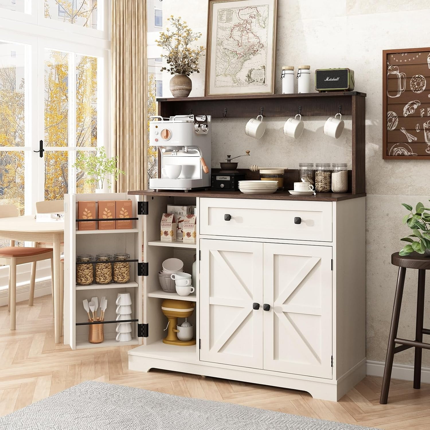 Wnutress Farmhouse Coffee Bar Cabinet with Drawer, 39" Kitchen Hutch ...