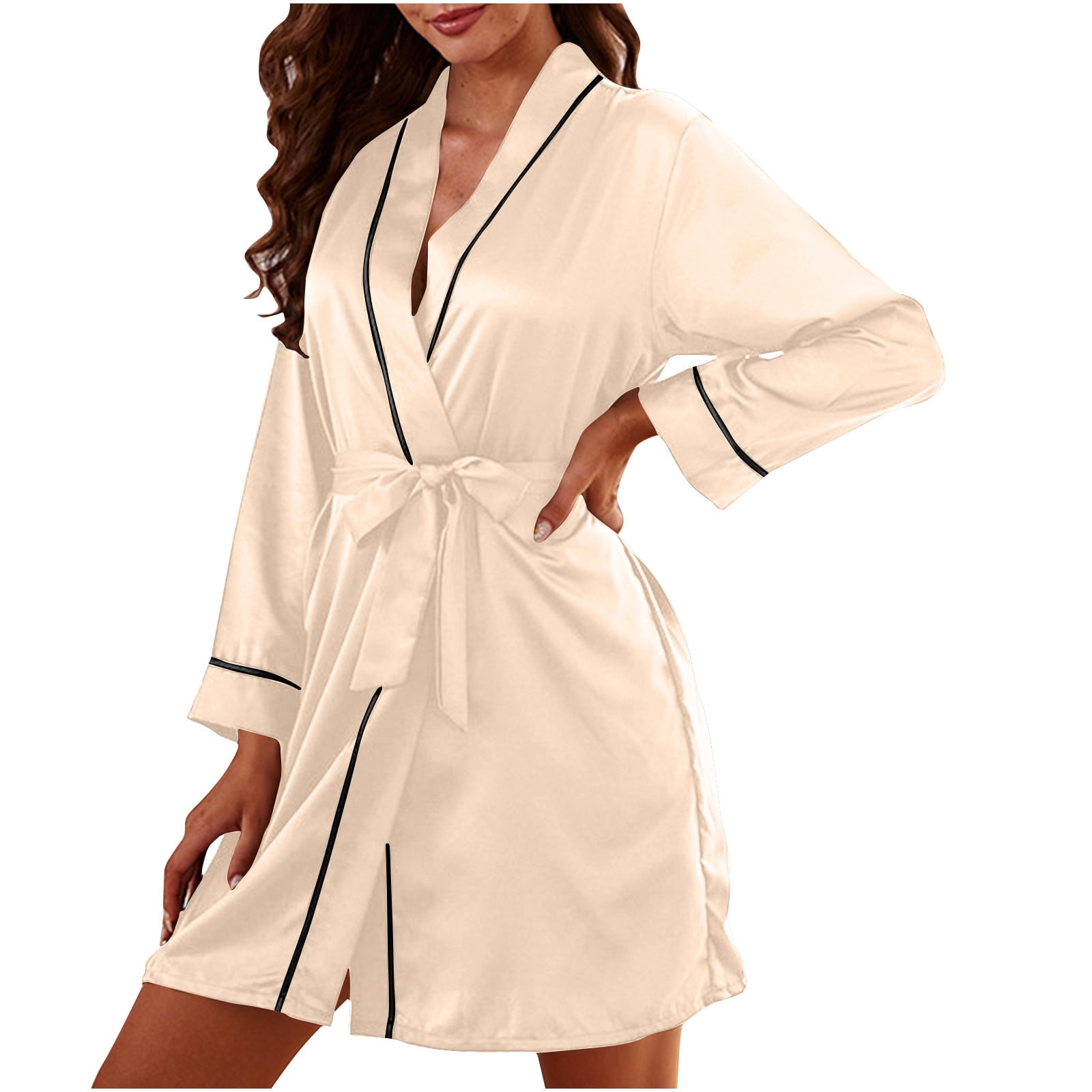 Wo-Fusoul Women's Silk-Like Collared Mid-Length Robe, Belted Solid ...