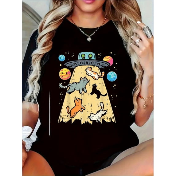 WoAlien Cat UFO Abduction Retro Space T-Shirt - Walmart.com