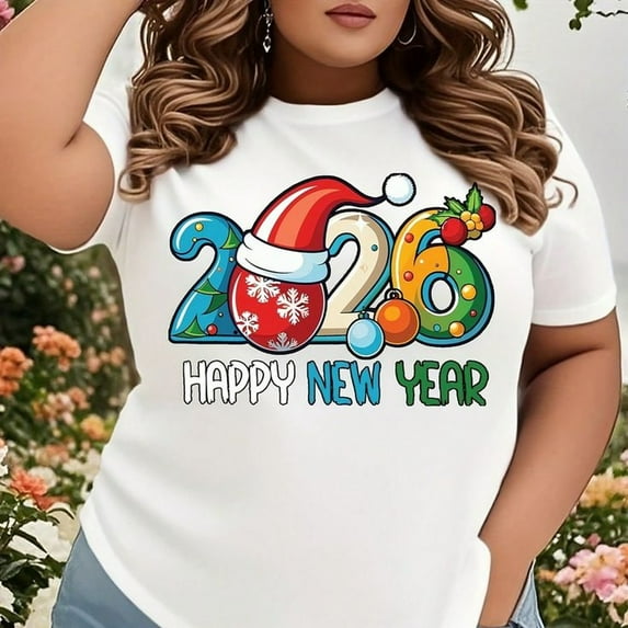 WoM1en's Black T-S1Hirt With 2026 Happy New Year CH1Ristmas Print For ...