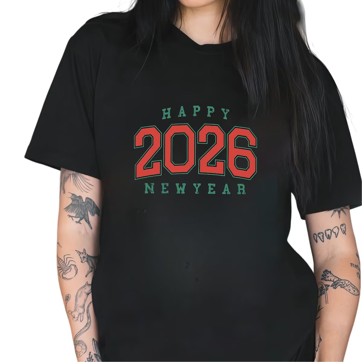 WoM1en's Black hirt Graphic T1EEs S1Hir 2026 Happy New Year Red Number ...