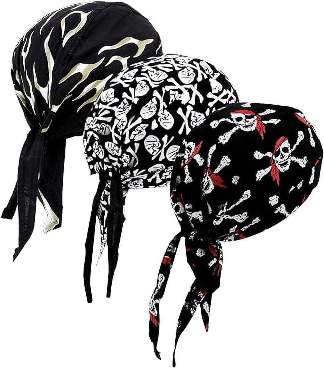 Wowstyle 3 Pcs Do Rags for Men Skull Cap Bandana Hat Breathable Beanie ...