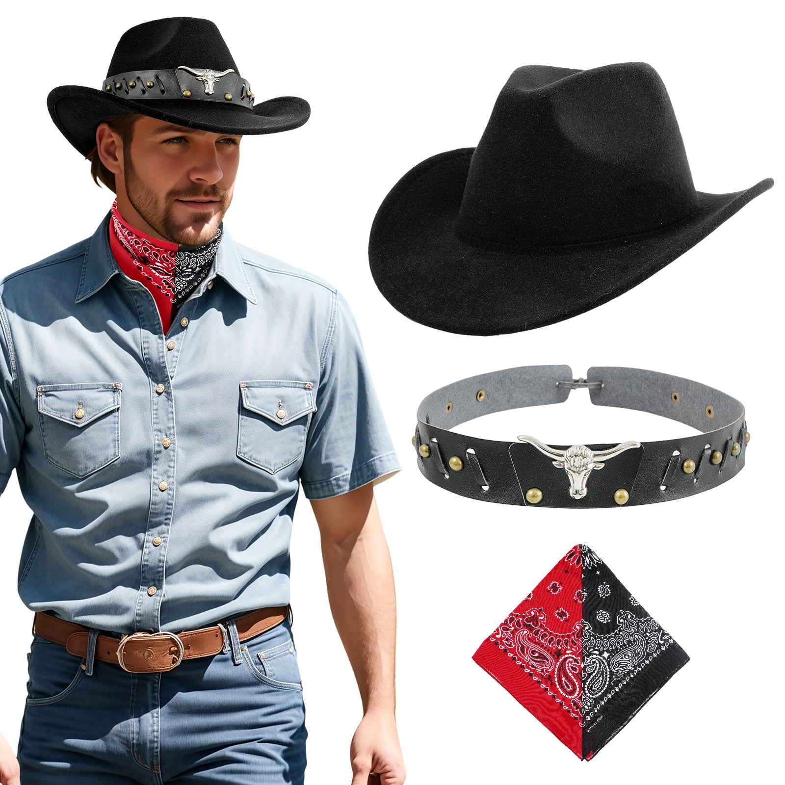 WoWstyle Cowboy Hat & Bandana Set for Men Women Cowgirl Hat with ...