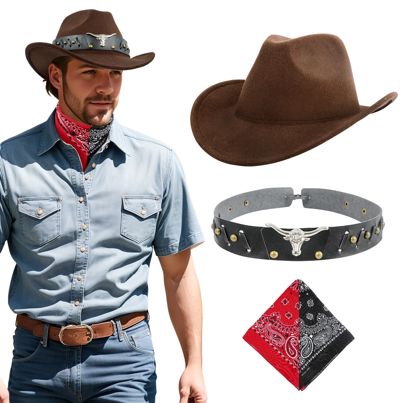 WoWstyle Unisex Cowboy Hat & Bandana Set, Classic Cowgirl Fedora with ...
