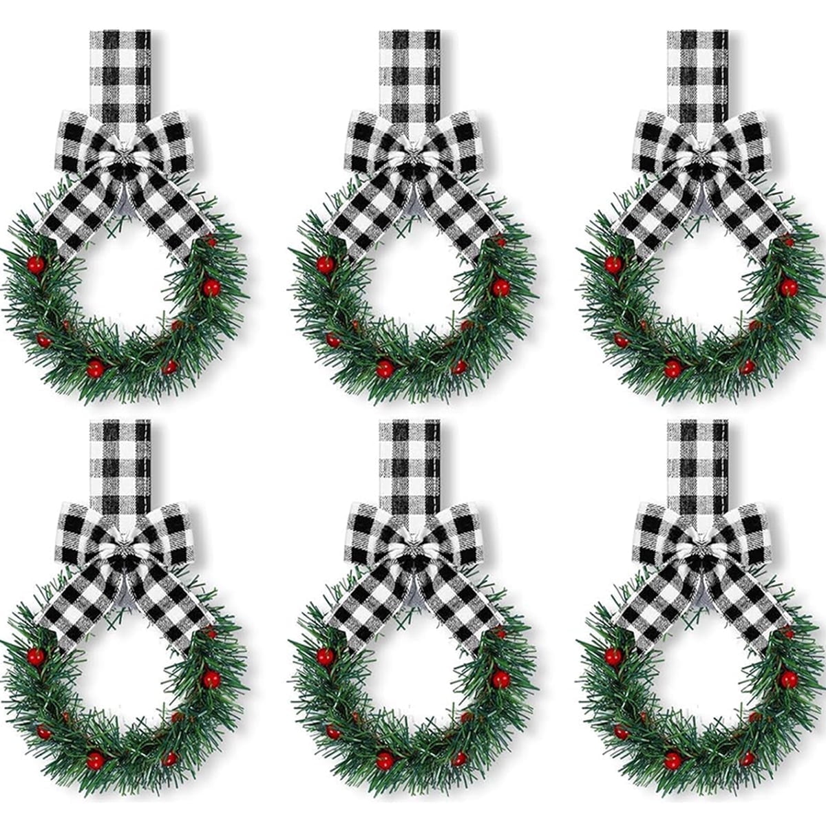 Woaeety 6PCS Christmas Kitchen Cabinet Wreaths with Plaid Bow Ribbon ...