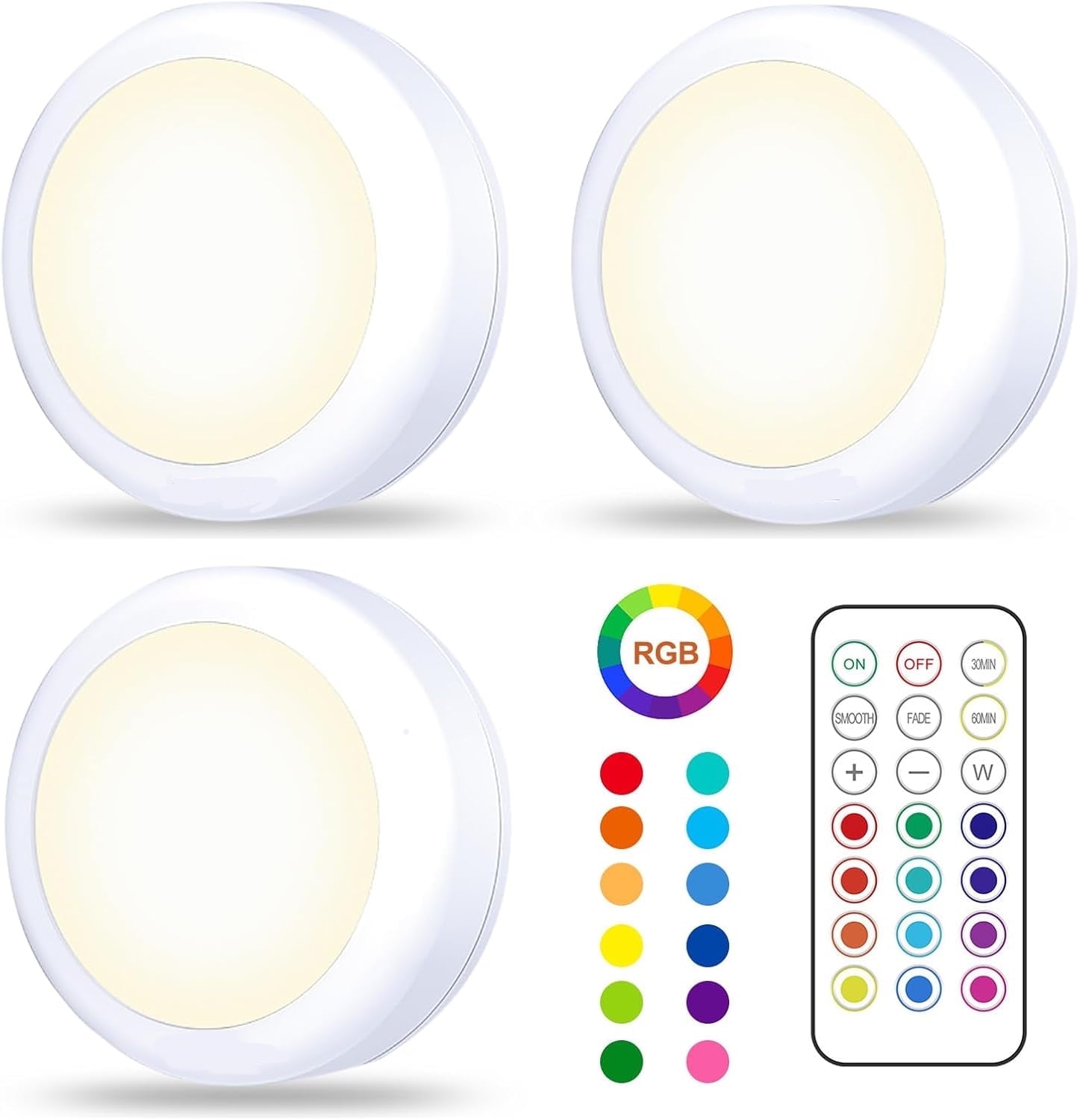 Woaeety Wireless Under Cabinet Lights With Remote 3 Pack - 16 LED Color ...
