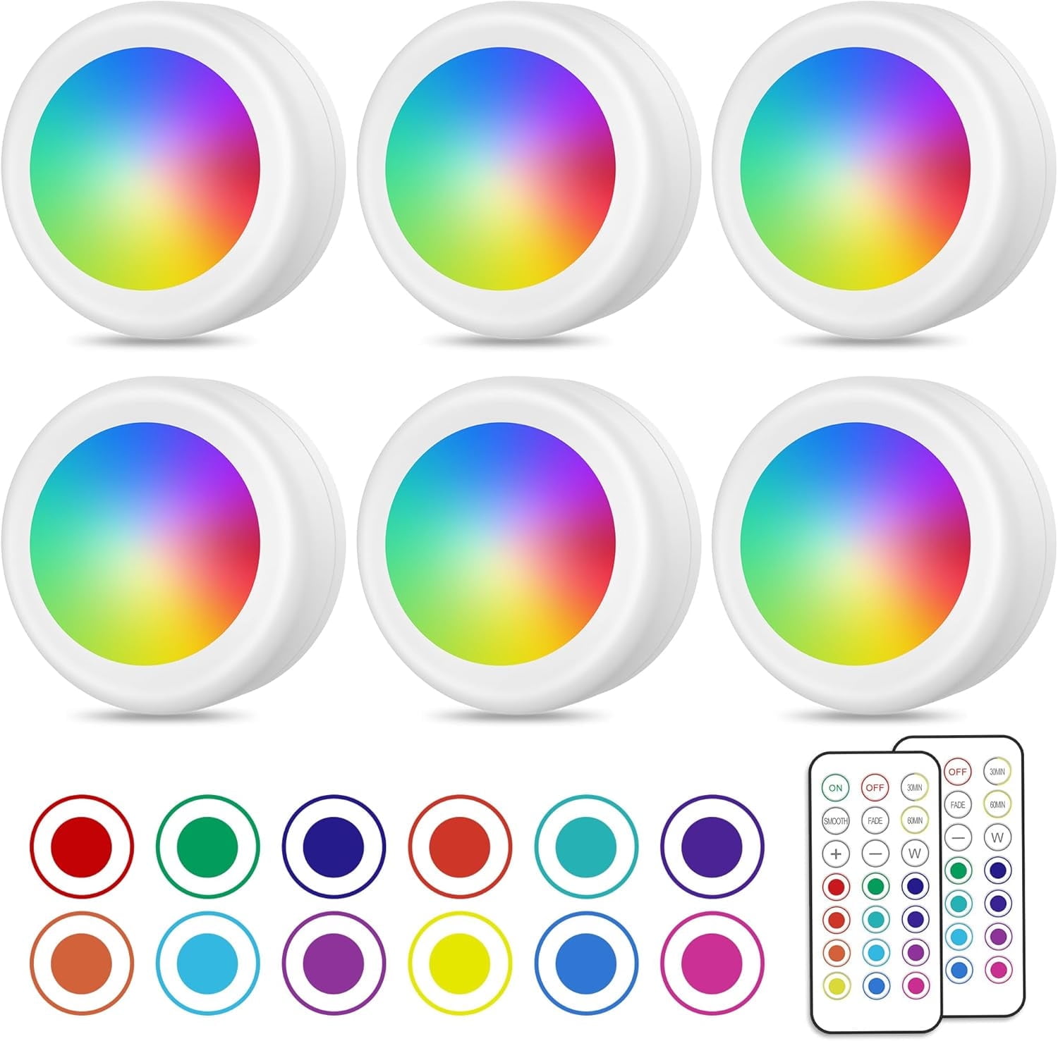 Woaeety Wireless Under Cabinet Lights With Remote 6 Pack - 13 LED Color ...