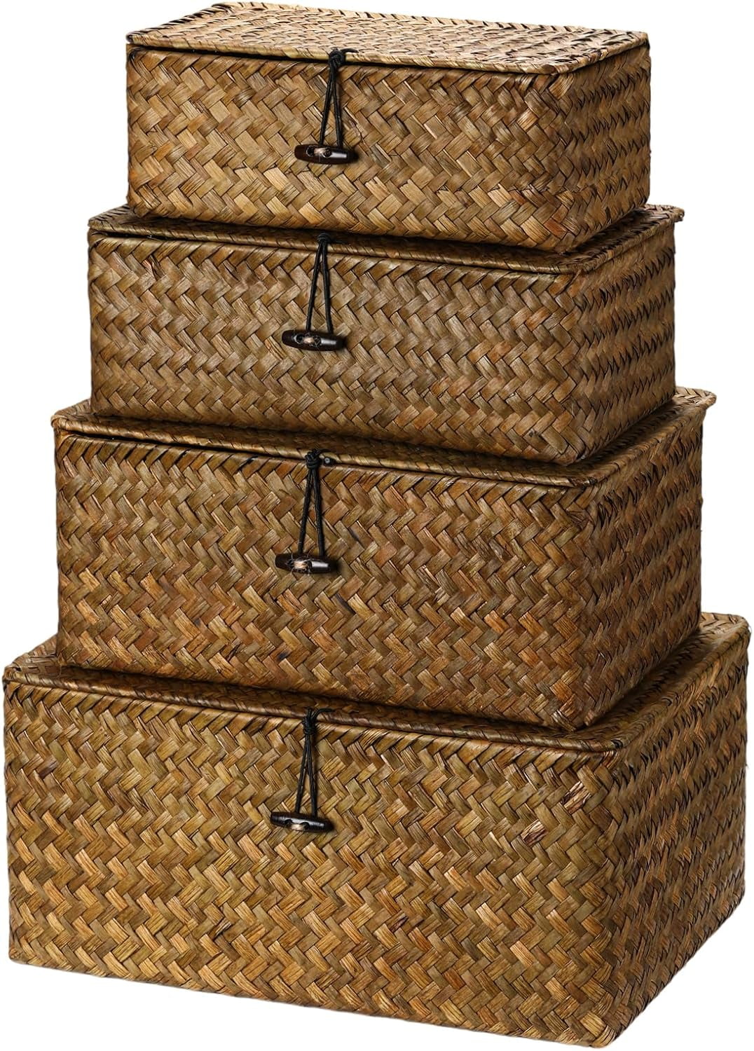 Woanger Set of 4 Seagrass Basket with Lids Rattan Wicker Storage Basket ...