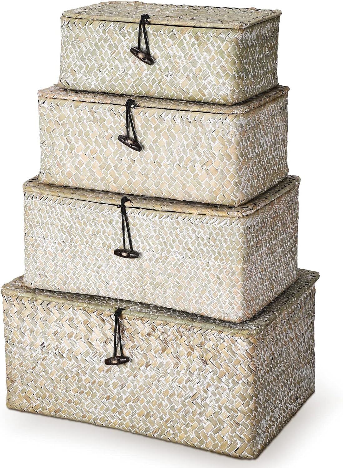 Woanger Set of 4 Seagrass Basket with Lids Rattan Wicker Storage Basket ...