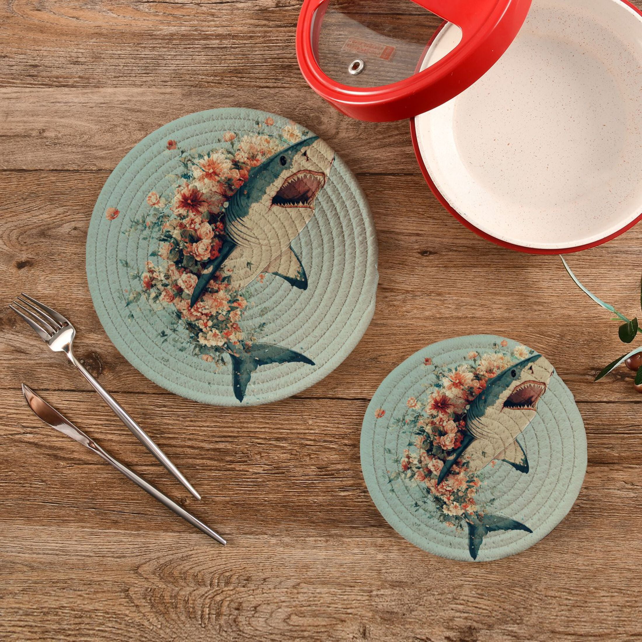 Wobogo A Shark Full Of Flowers Trivets Potholders Set of 2 Cotton Woven ...