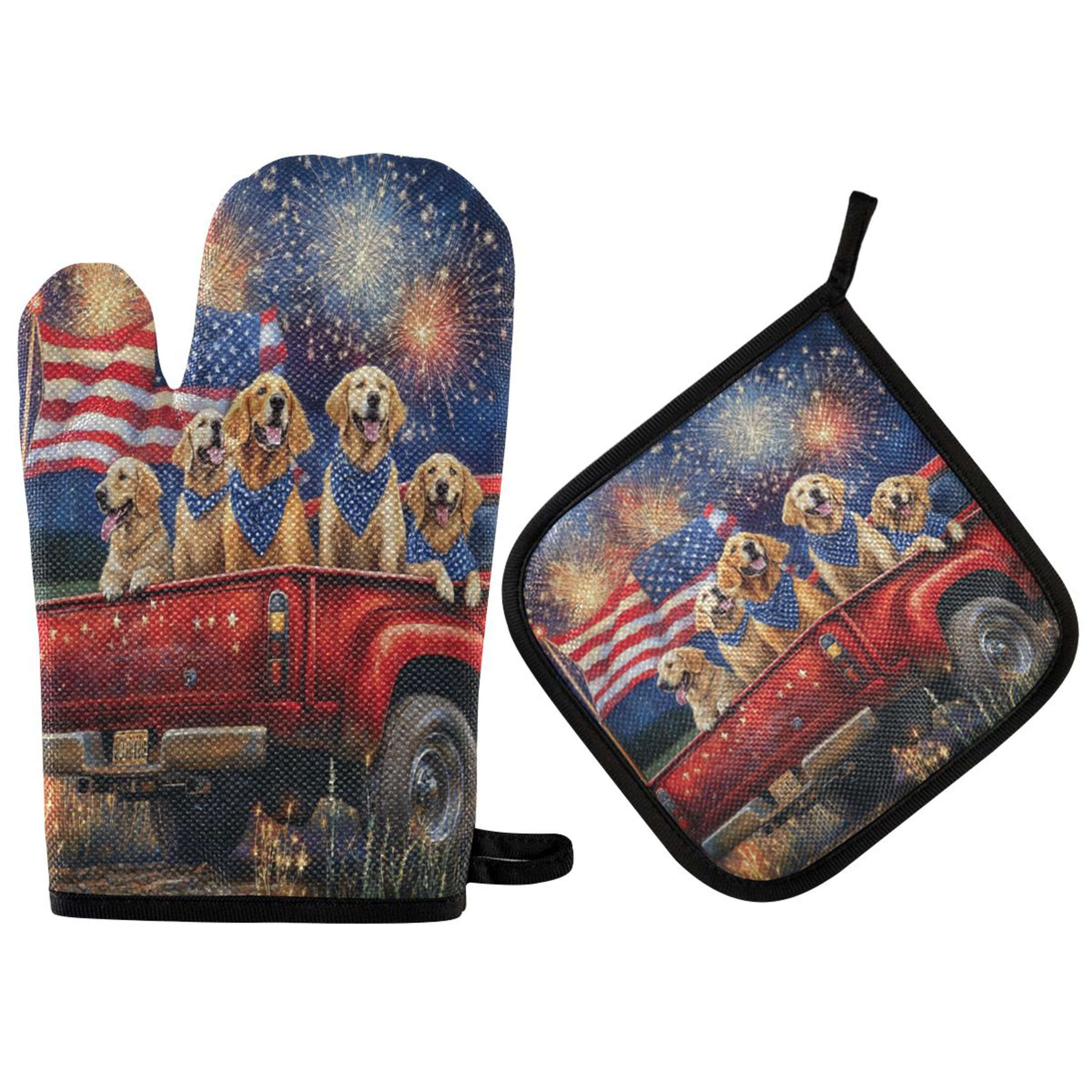Wobogo American Fireworks Dogs Truck Oven Mitts and Pot Holders 2pcs ...