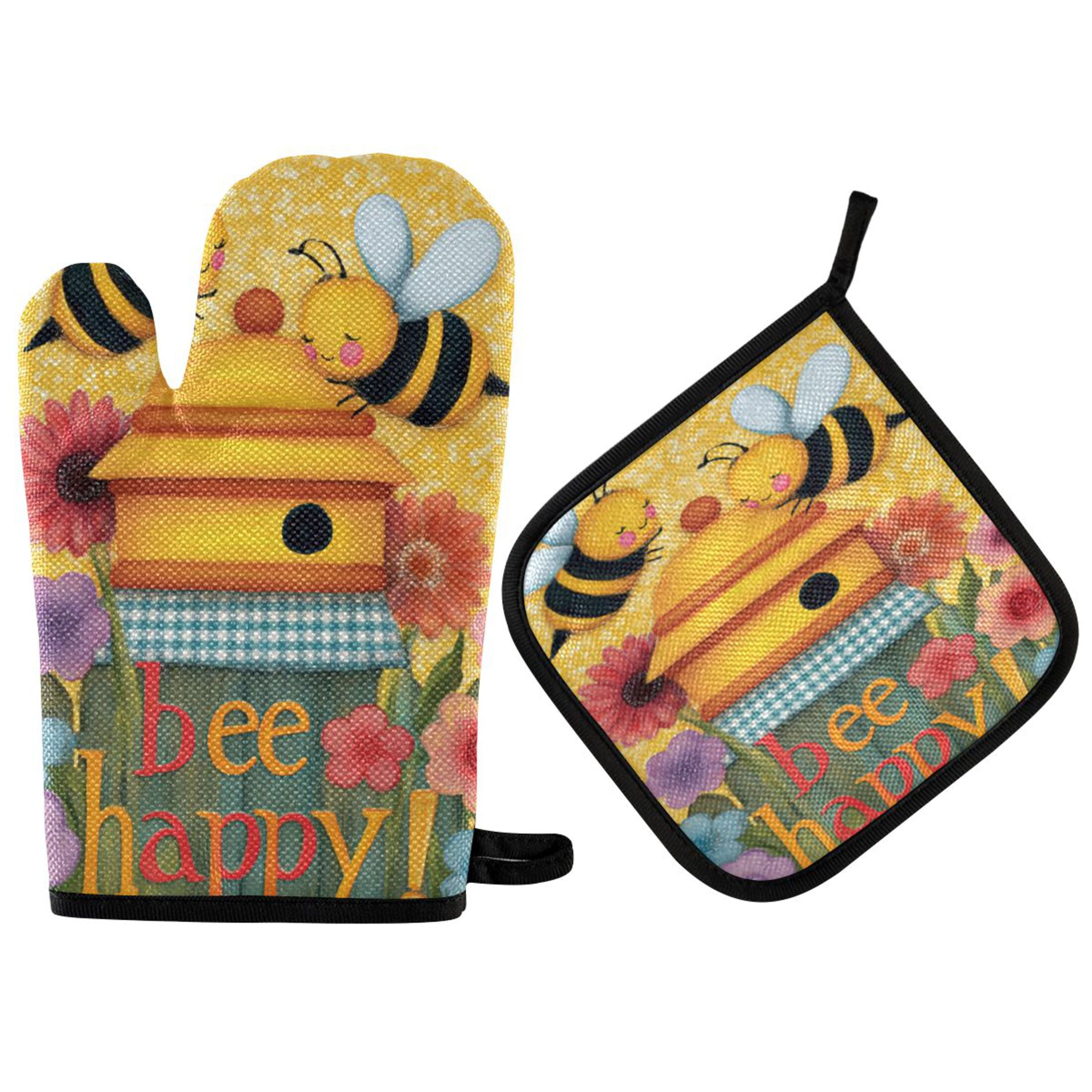 Wobogo Bee Happy Oven Mitts and Pot Holders 2pcs Set Kitchen Oven Glove ...