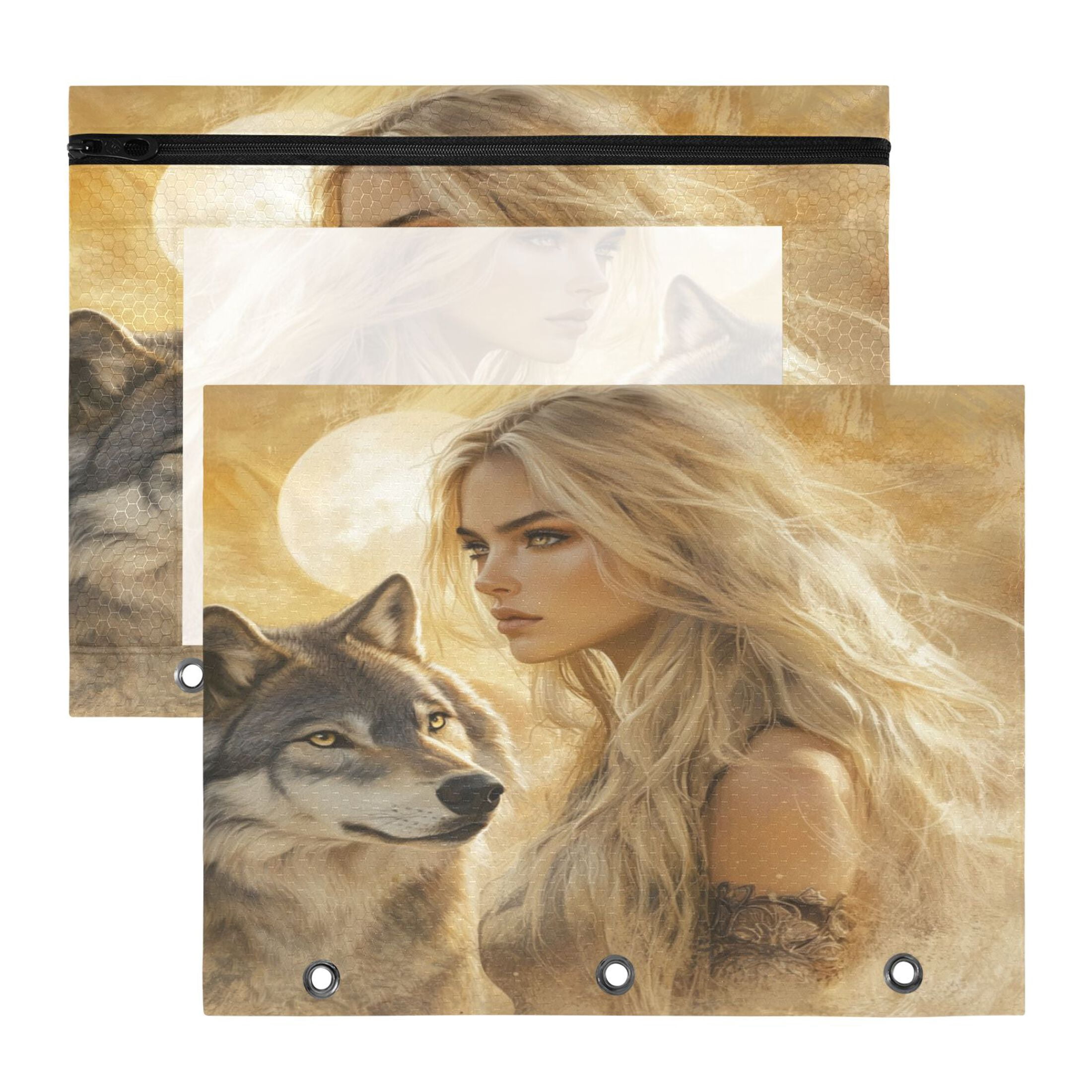 Wobogo Blonde Woman and Wolf A4 Size Clear Polyester File Pocket Set of ...