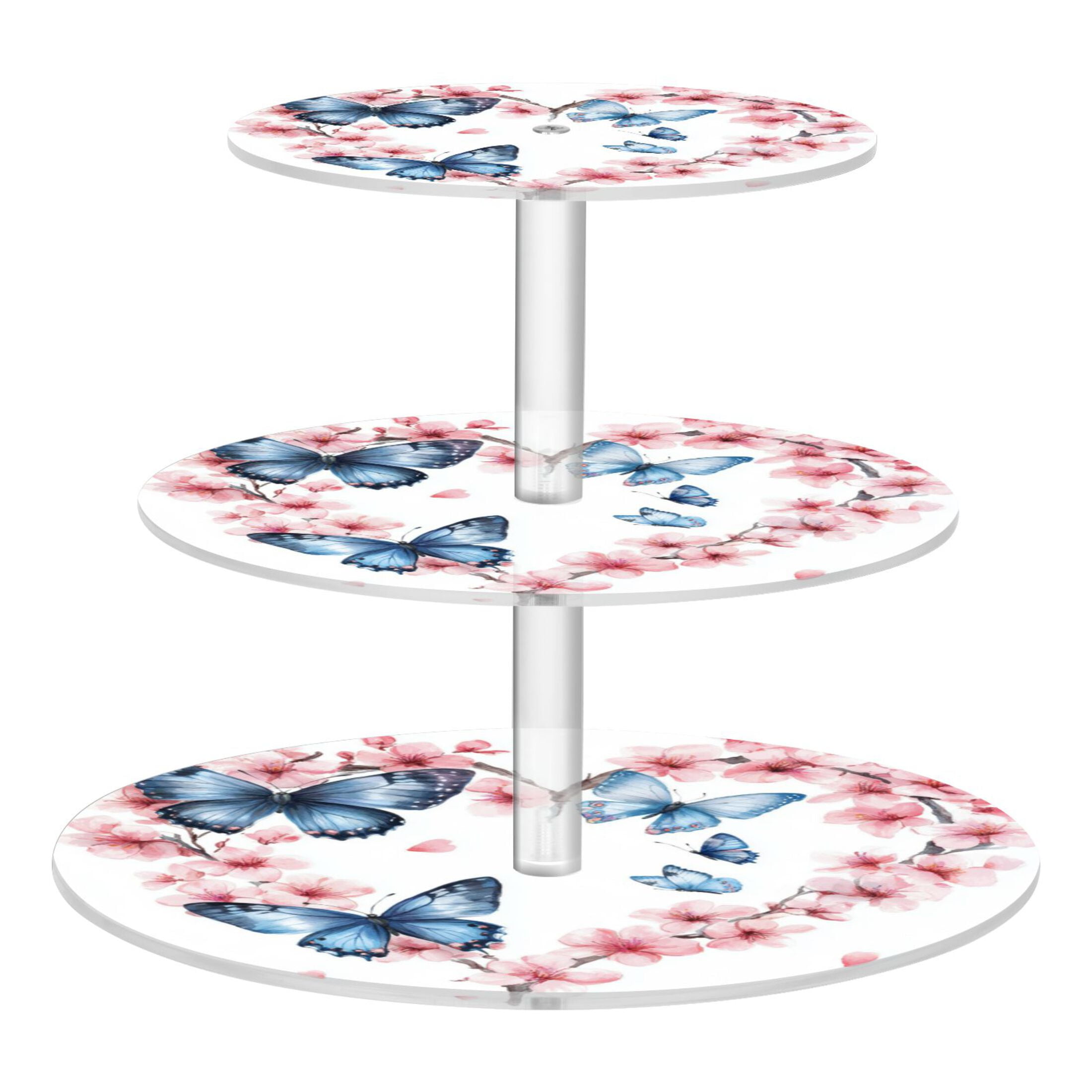 Wobogo Blue Butterfly Pink Floral 3 Tier Acrylic Cake Stand with Clear ...