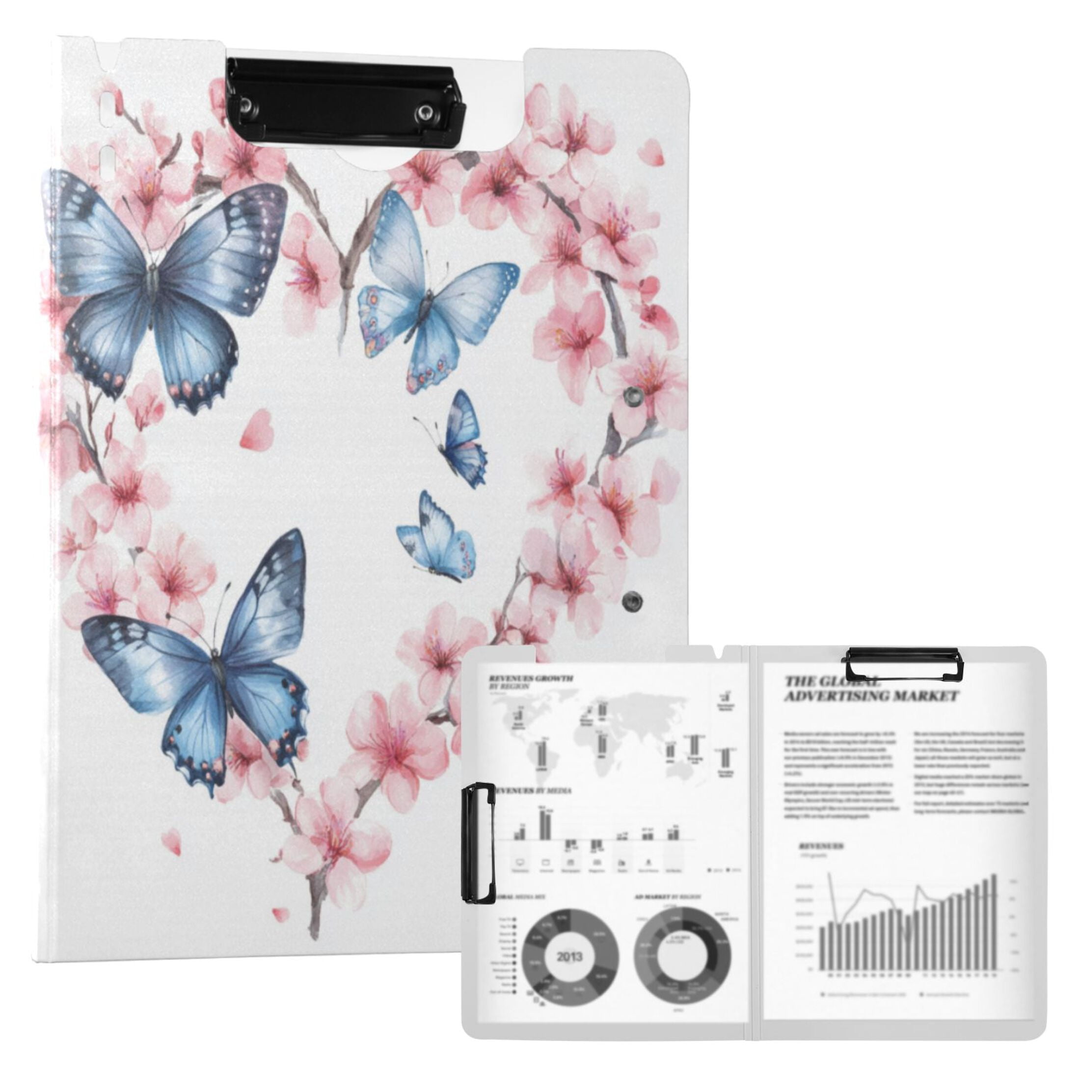 Wobogo Blue Butterfly Pink Floral A4 Foldable Clipboard with Horizontal ...