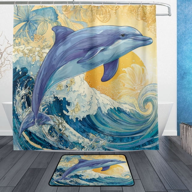 Wobogo Blue Dolphin Bathroom Shower Curtain Set with Floor Mat and ...