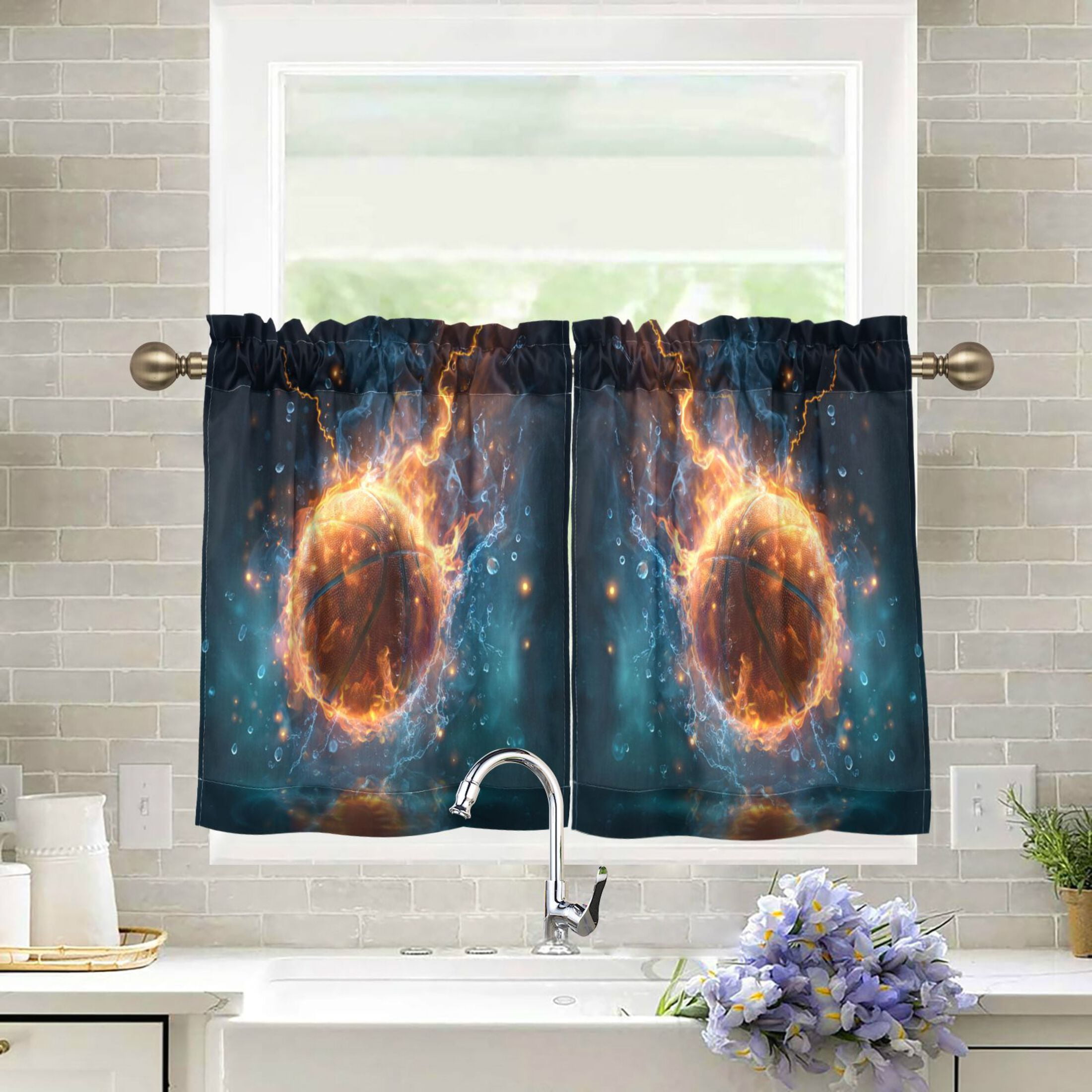 Wobogo Burning Basketball Kitchen Curtains 2 Piece Set Farmhouse ...
