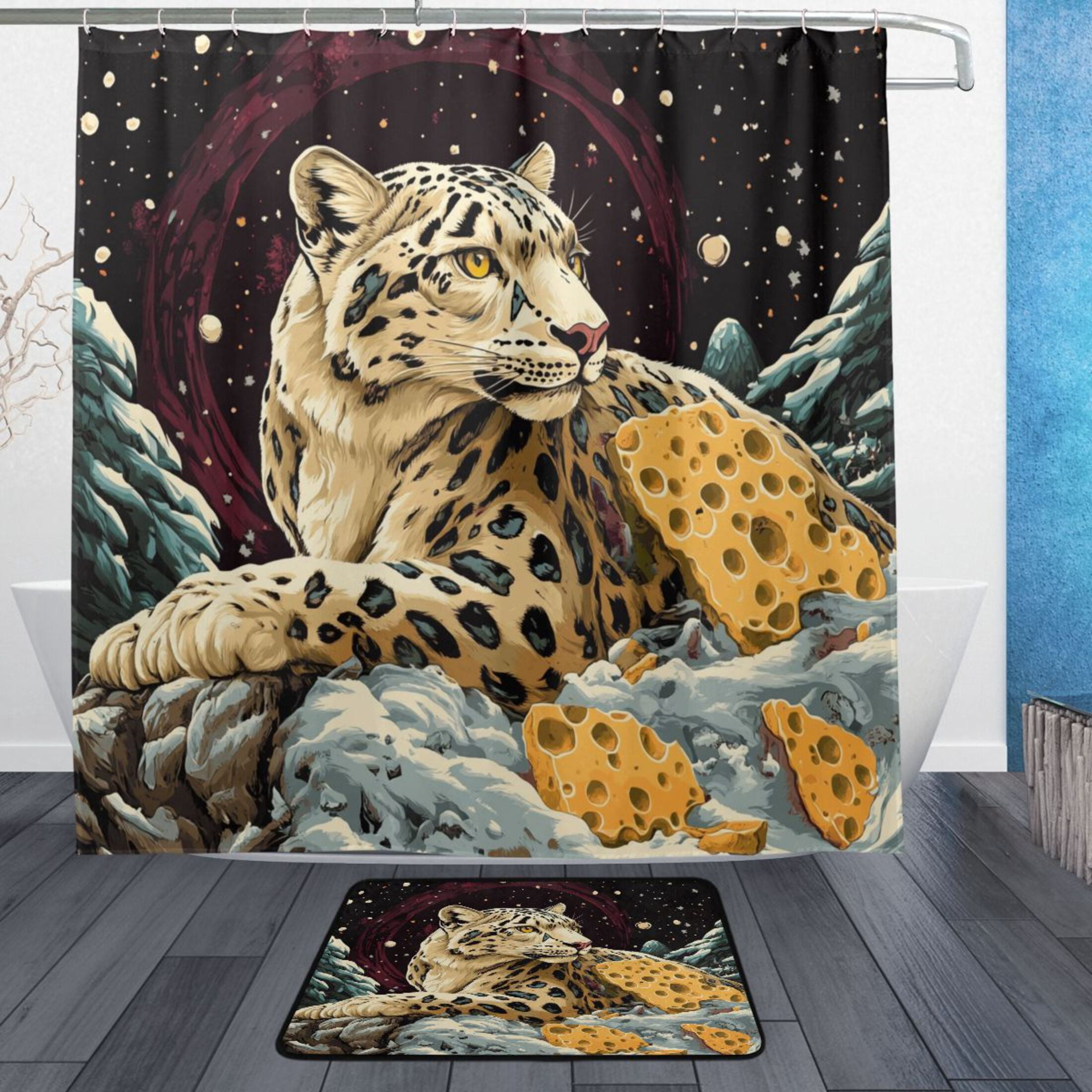 Wobogo Cheese Snow Leopard Illustration Bathroom Shower Curtain Set ...