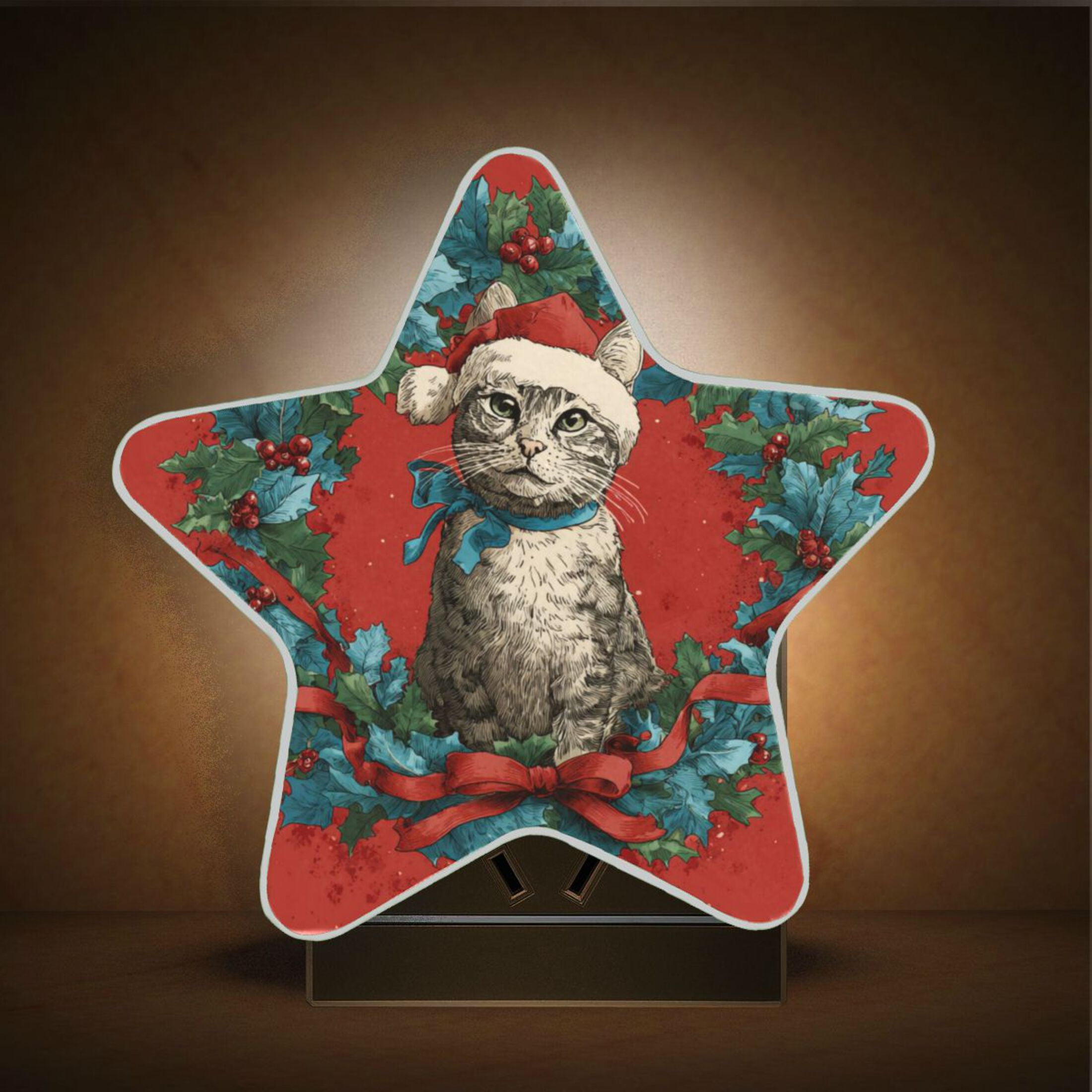 Wobogo Christmas Tabby Cat LED Star Night Light 0.2 Watt Wall Plug Dusk ...