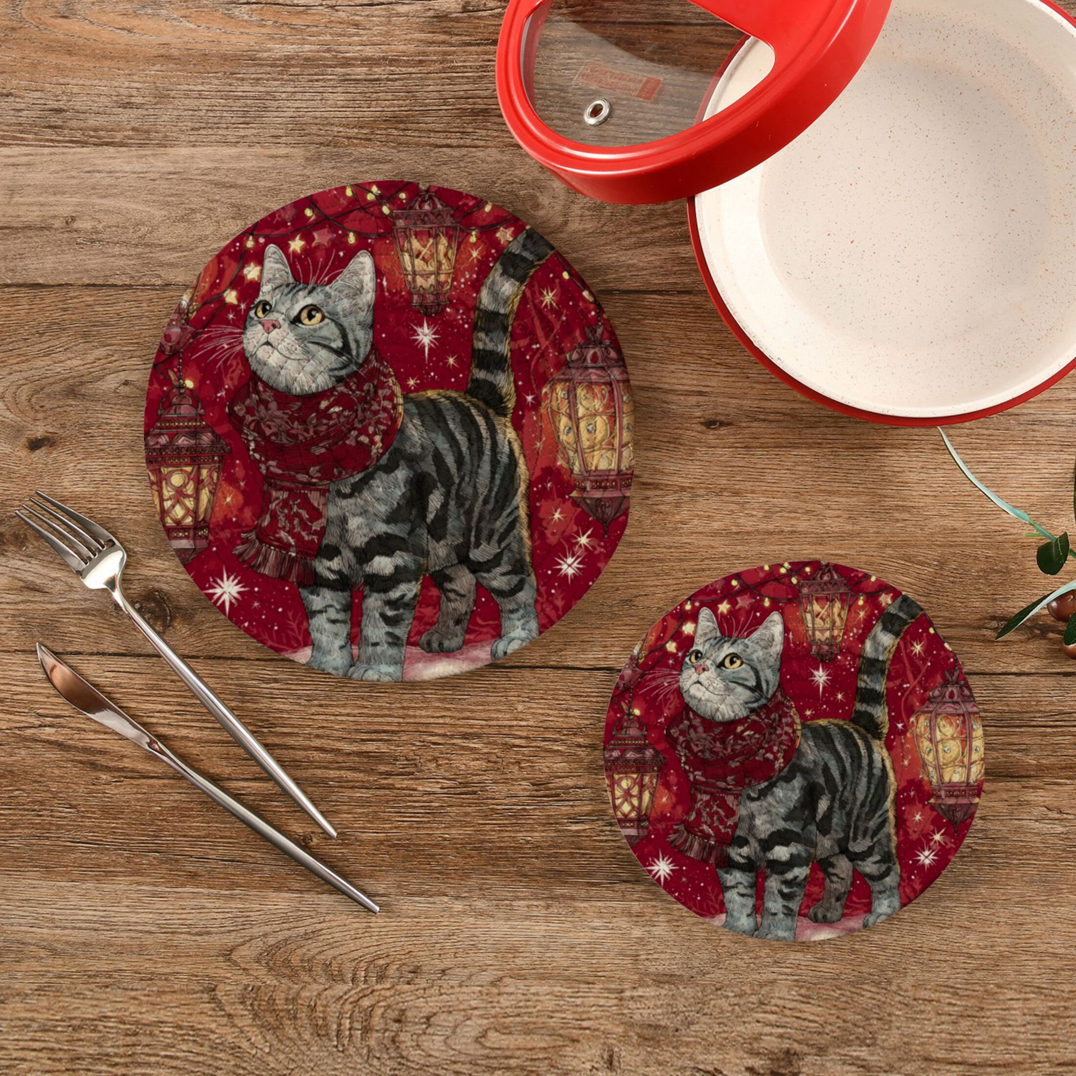 Wobogo Christmas Tabby Cat Trivets Potholders Set of 2 Cotton Woven ...
