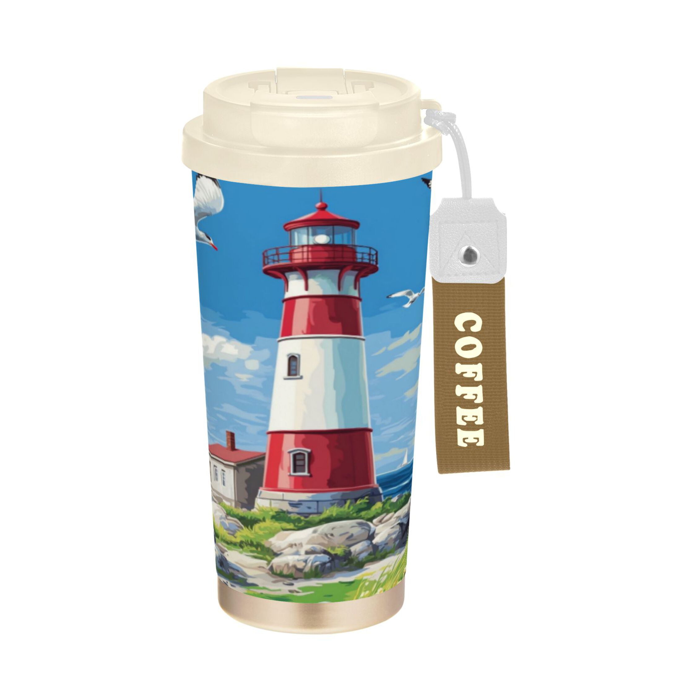 Wobogo Coastal Lighthouse Double Drinking Coffee Cup Insulated Mug with ...