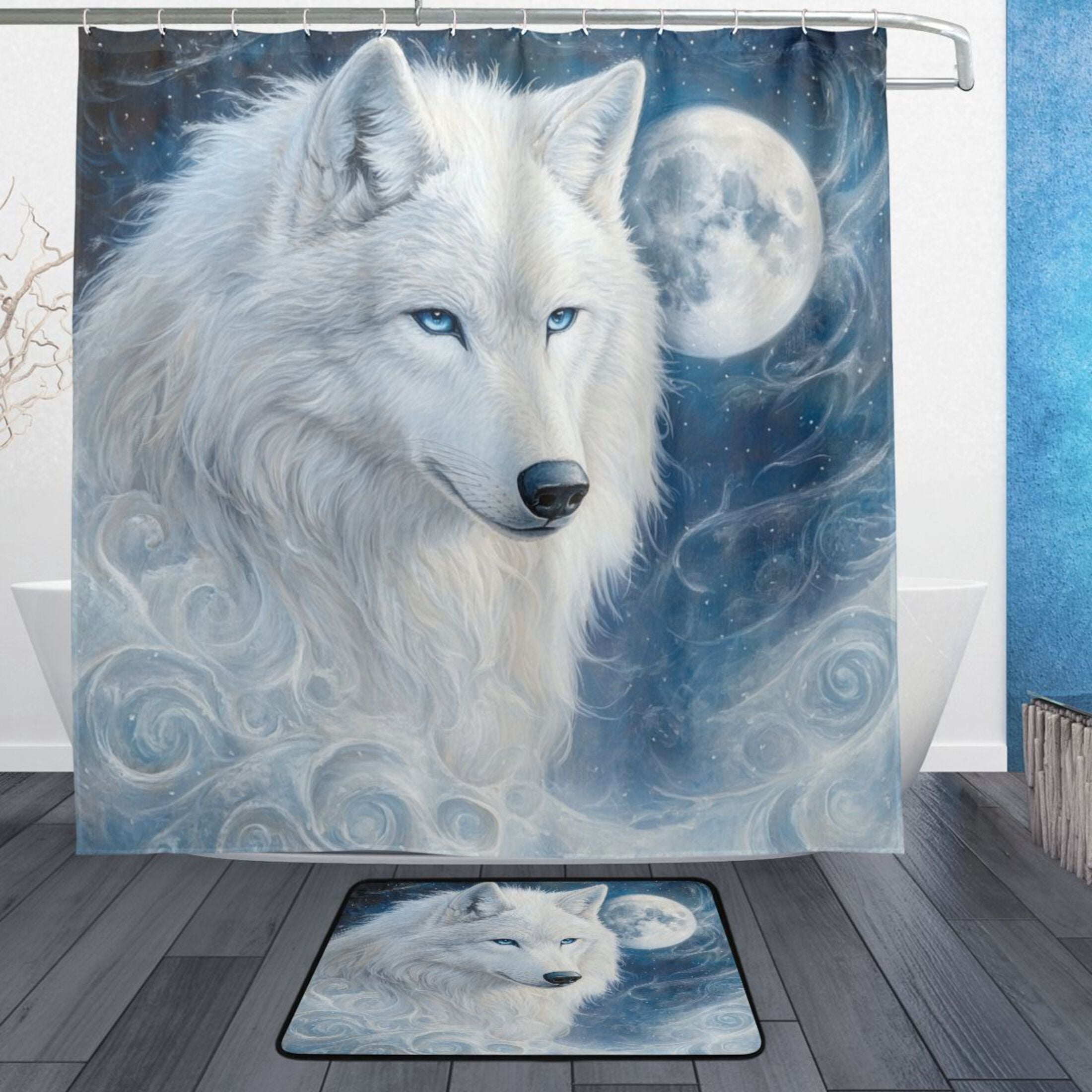 Wobogo Cool White Wolf Bathroom Shower Curtain Set with Floor Mat and ...