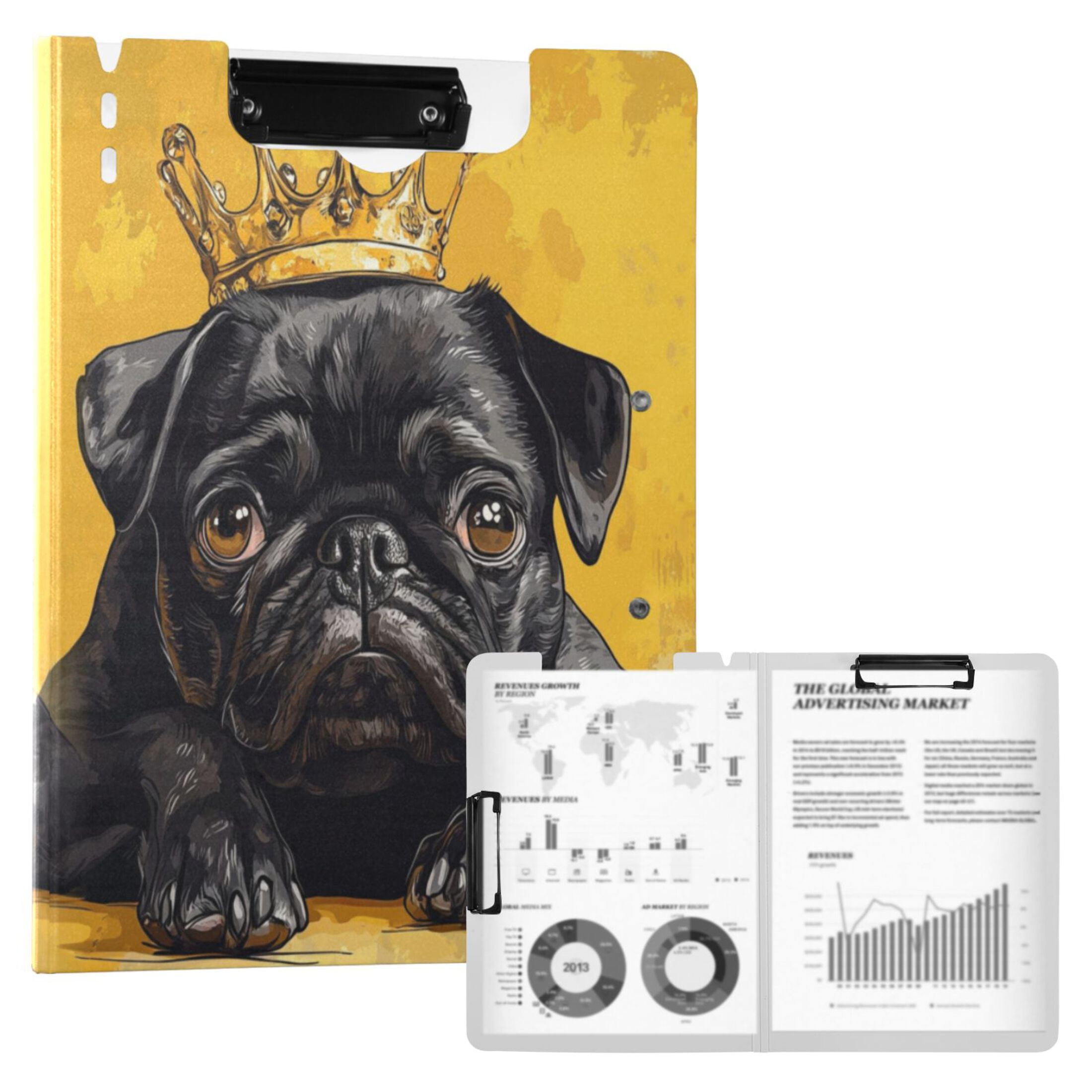 Wobogo Crown Black Pug Dog A4 Foldable Clipboard with Horizontal and ...