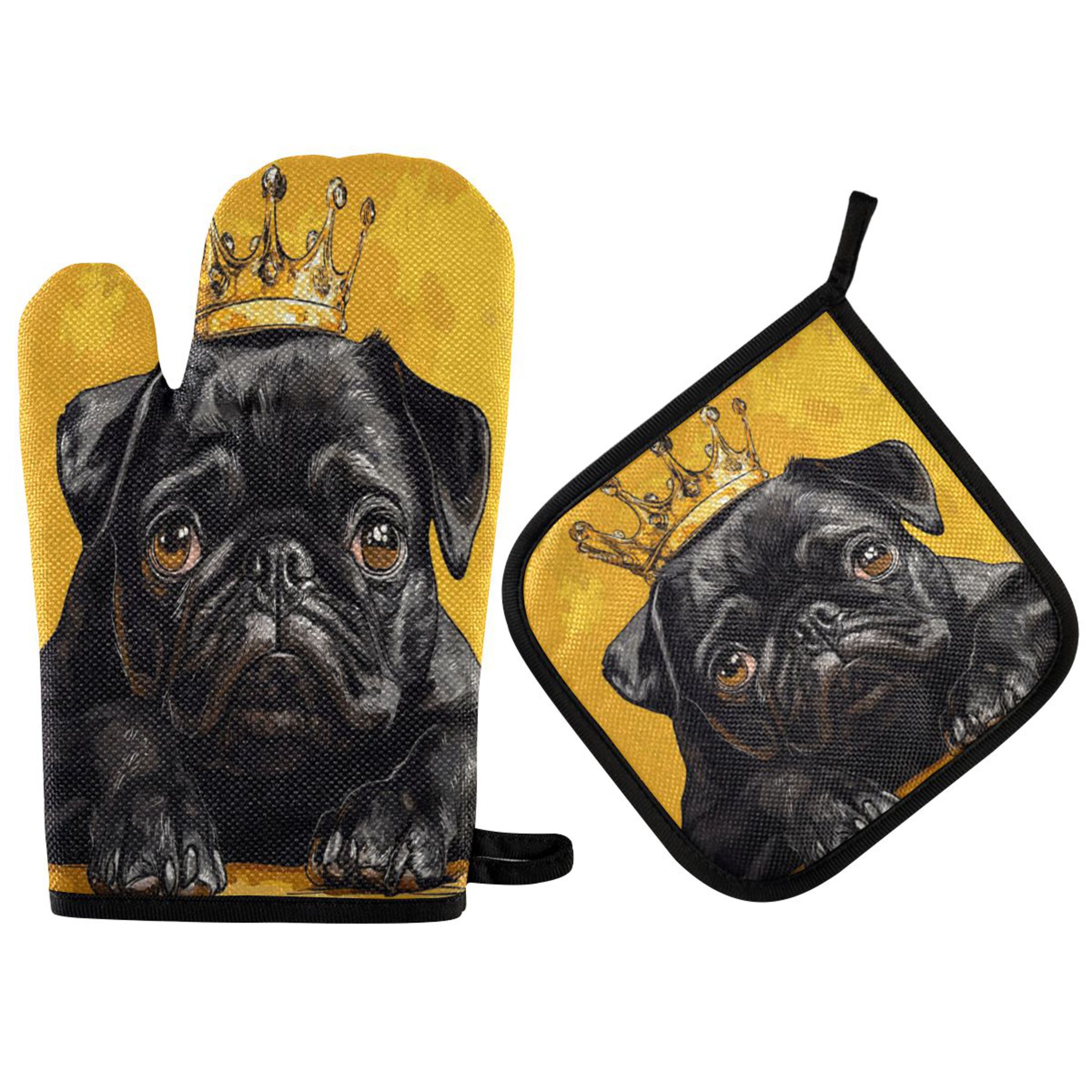 Wobogo Crown Black Pug Dog Oven Mitts and Pot Holders 2pcs Set Kitchen ...