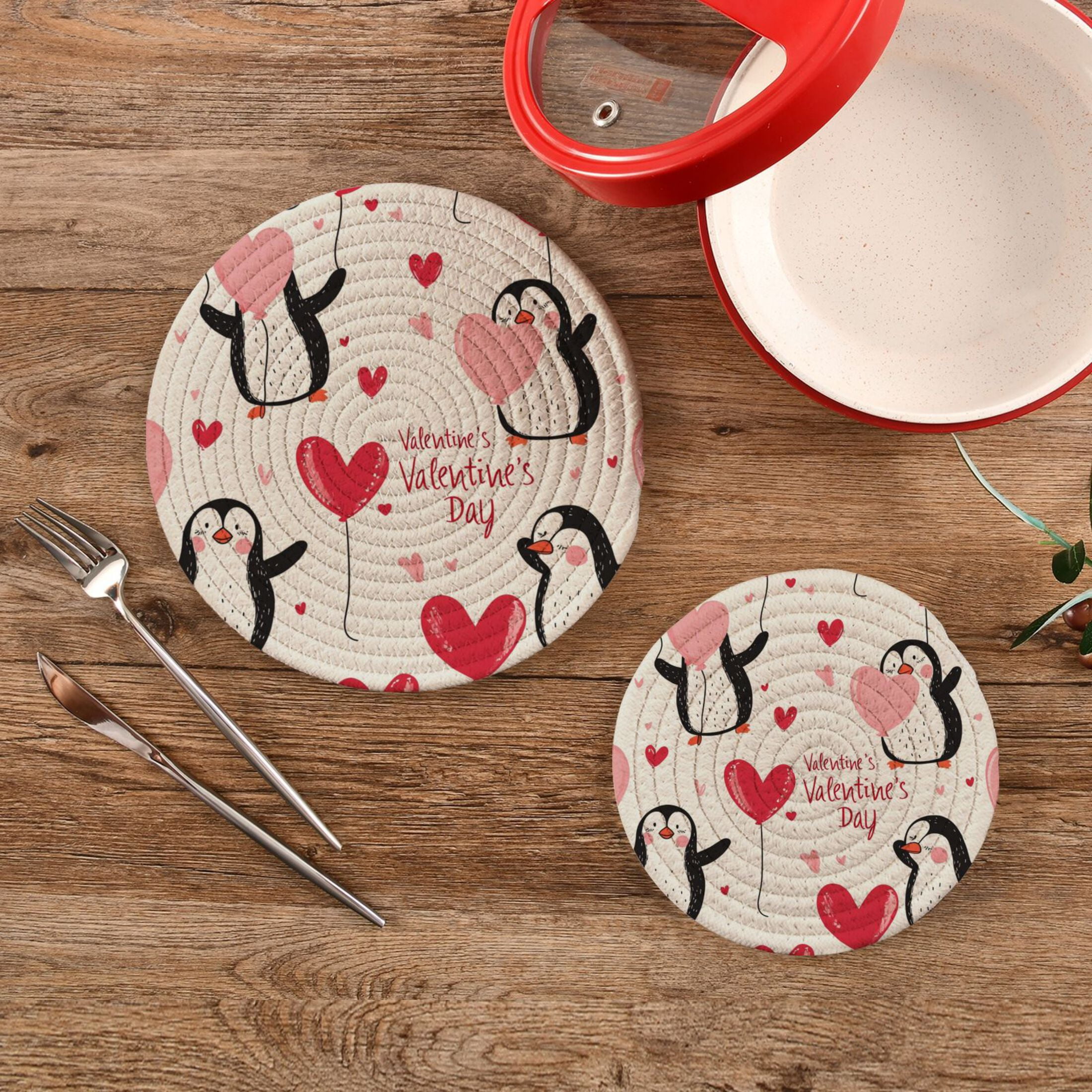 Wobogo Cute Penguins Heart-shaped Balloons Pattern Trivets Potholders Set of 2 Cotton Woven ...