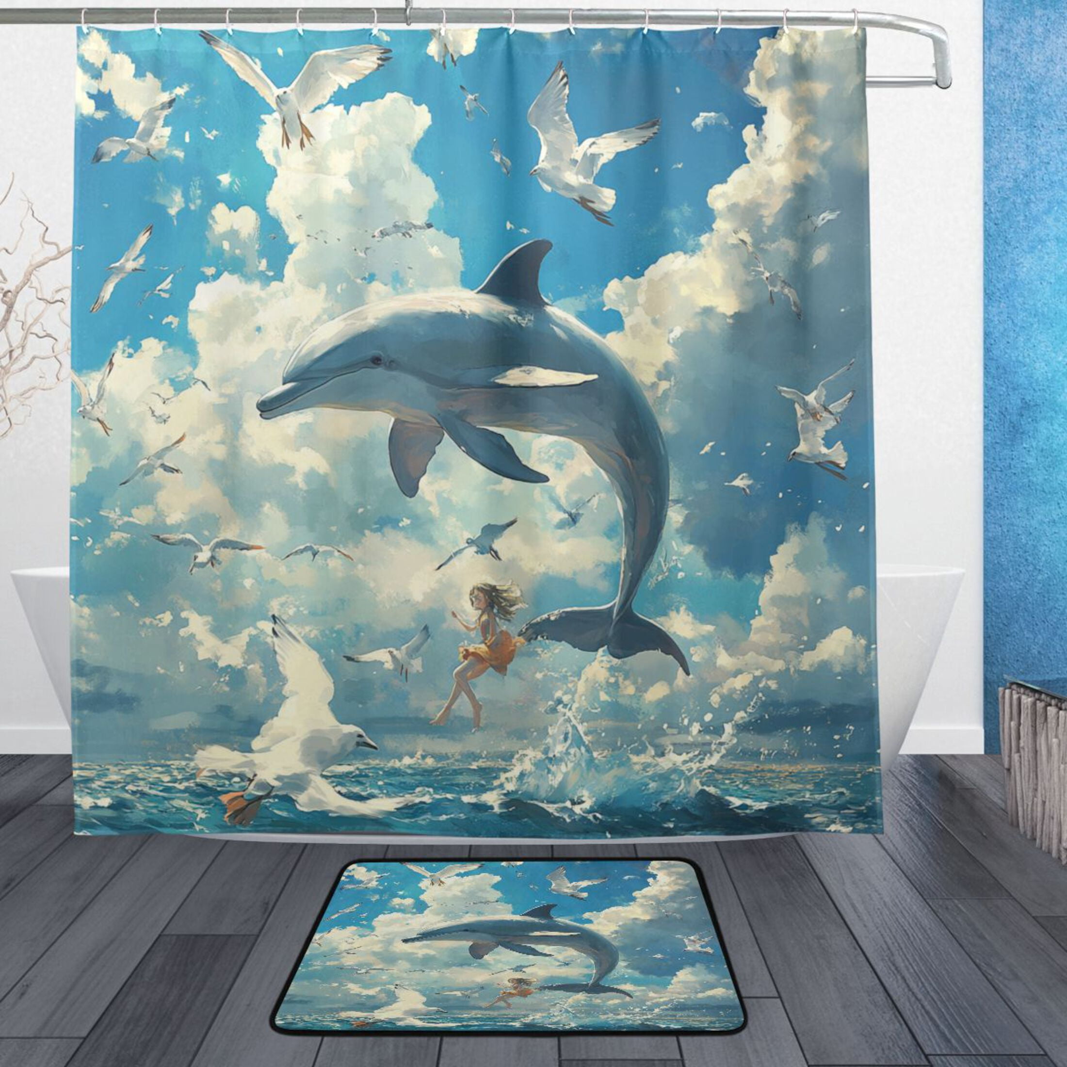 Wobogo Dolphins Collide with Seagulls Bathroom Shower Curtain Set with ...
