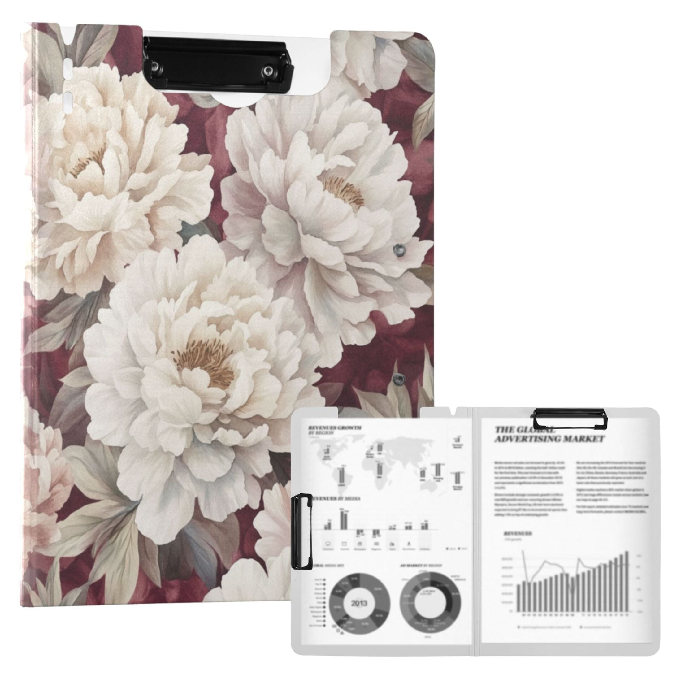 Wobogo Elegant Peonies A4 Foldable Clipboard with Horizontal and Vertical Double Metal Clips 360 ...
