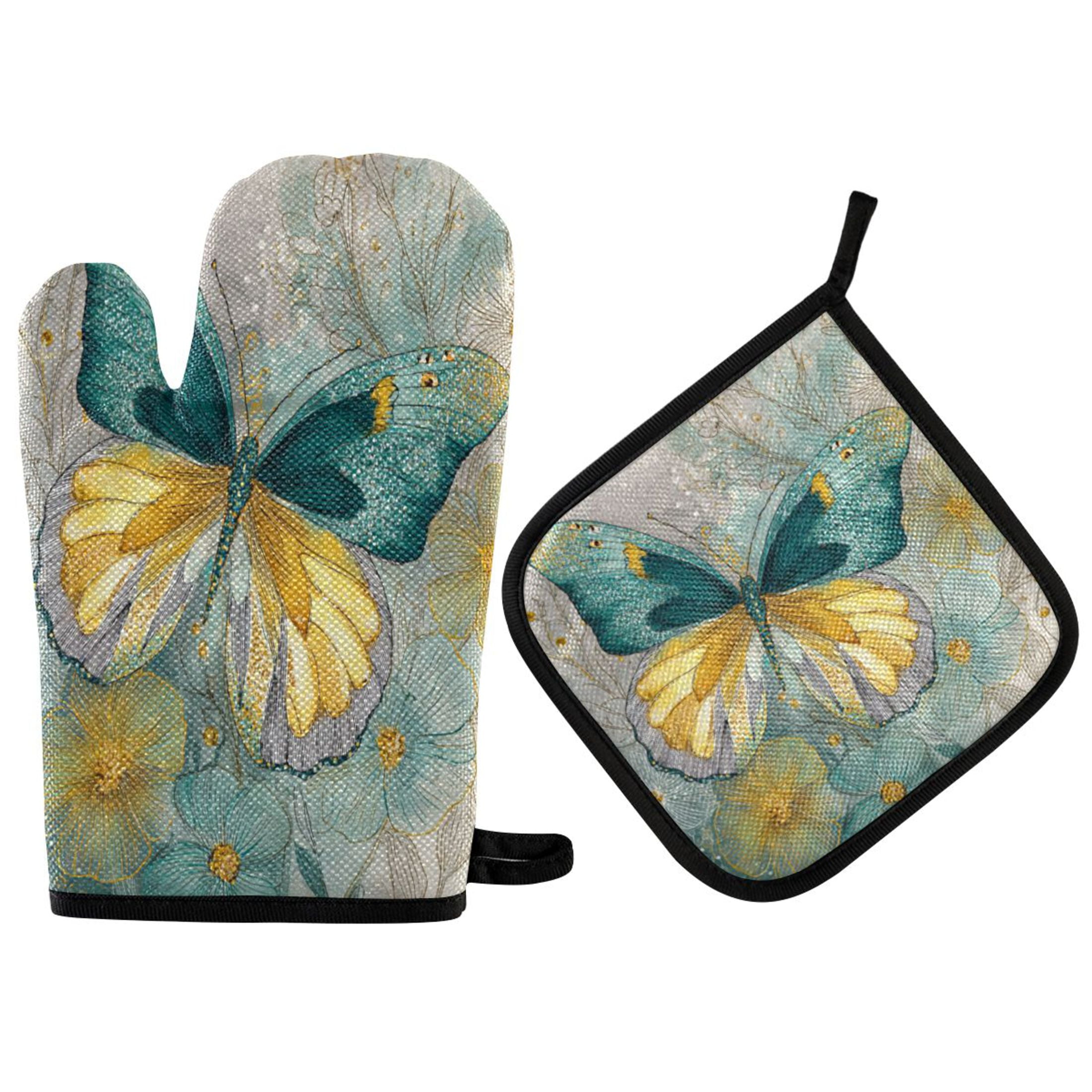 Wobogo Emerald Butterfly Oven Mitts and Pot Holders 2pcs Set Kitchen ...