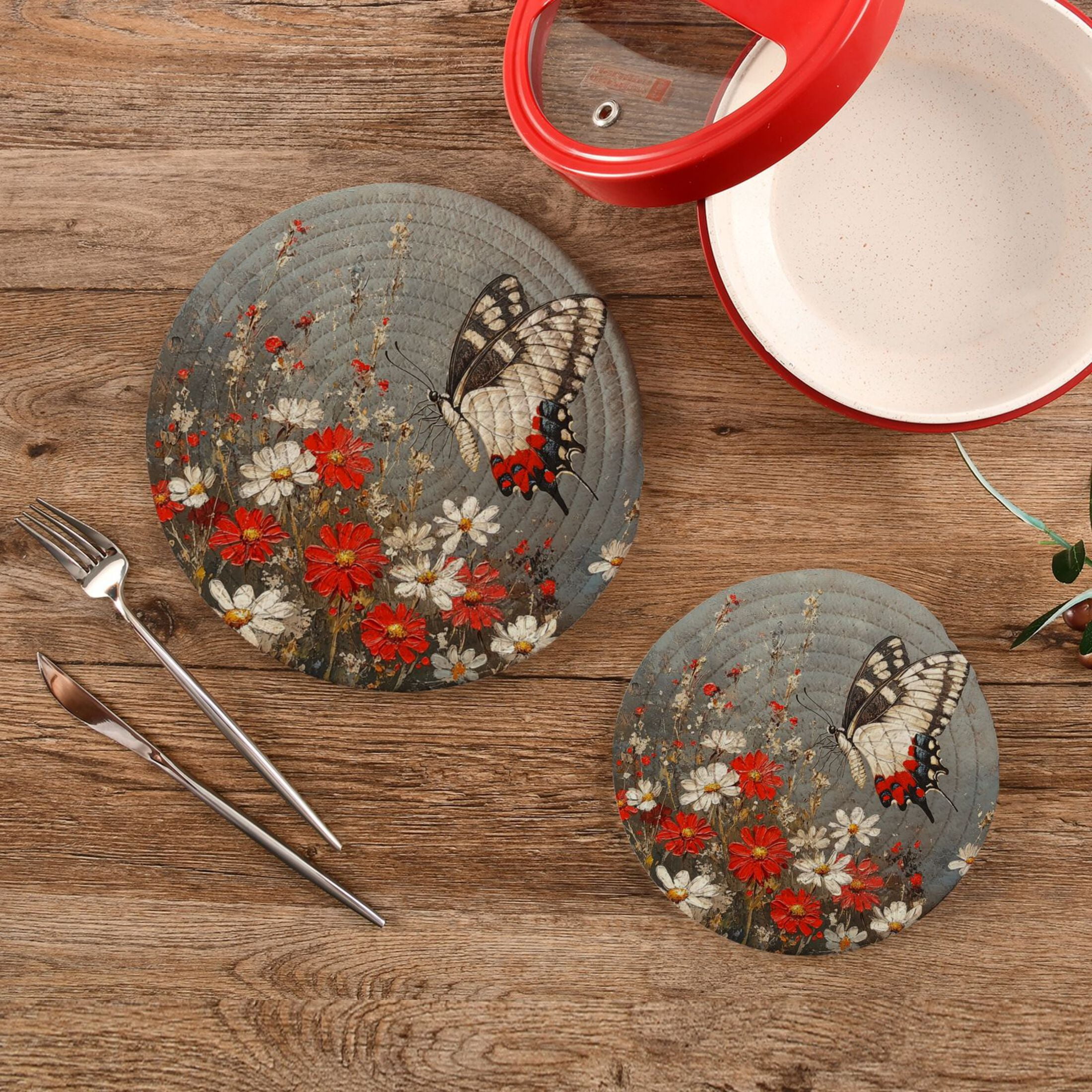 Wobogo Flower Butterfly Trivets Potholders Set of 2 Cotton Woven Round ...