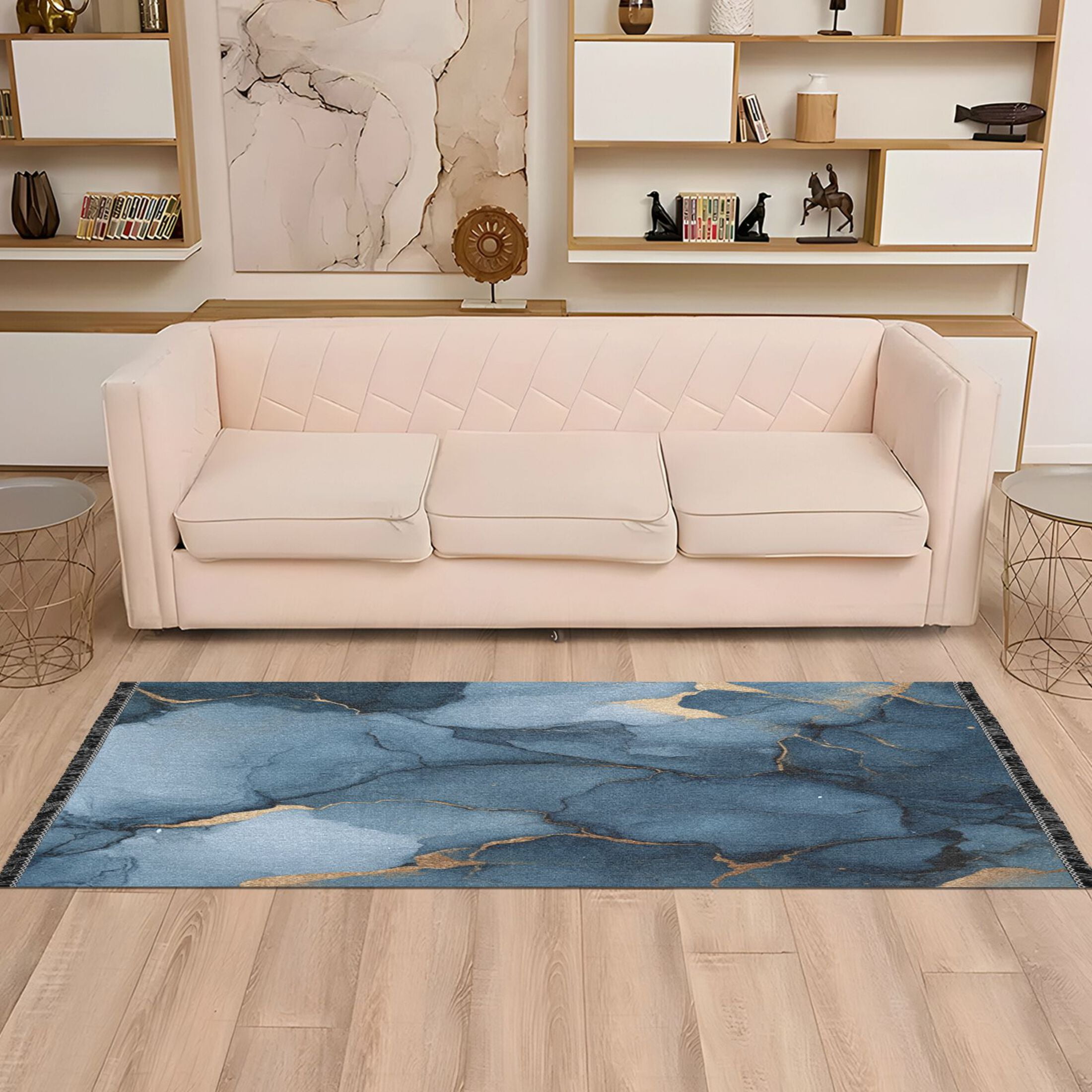 Wobogo Gilt Dark Blue Patterns Bedside Long Rug Delicate and Soft ...