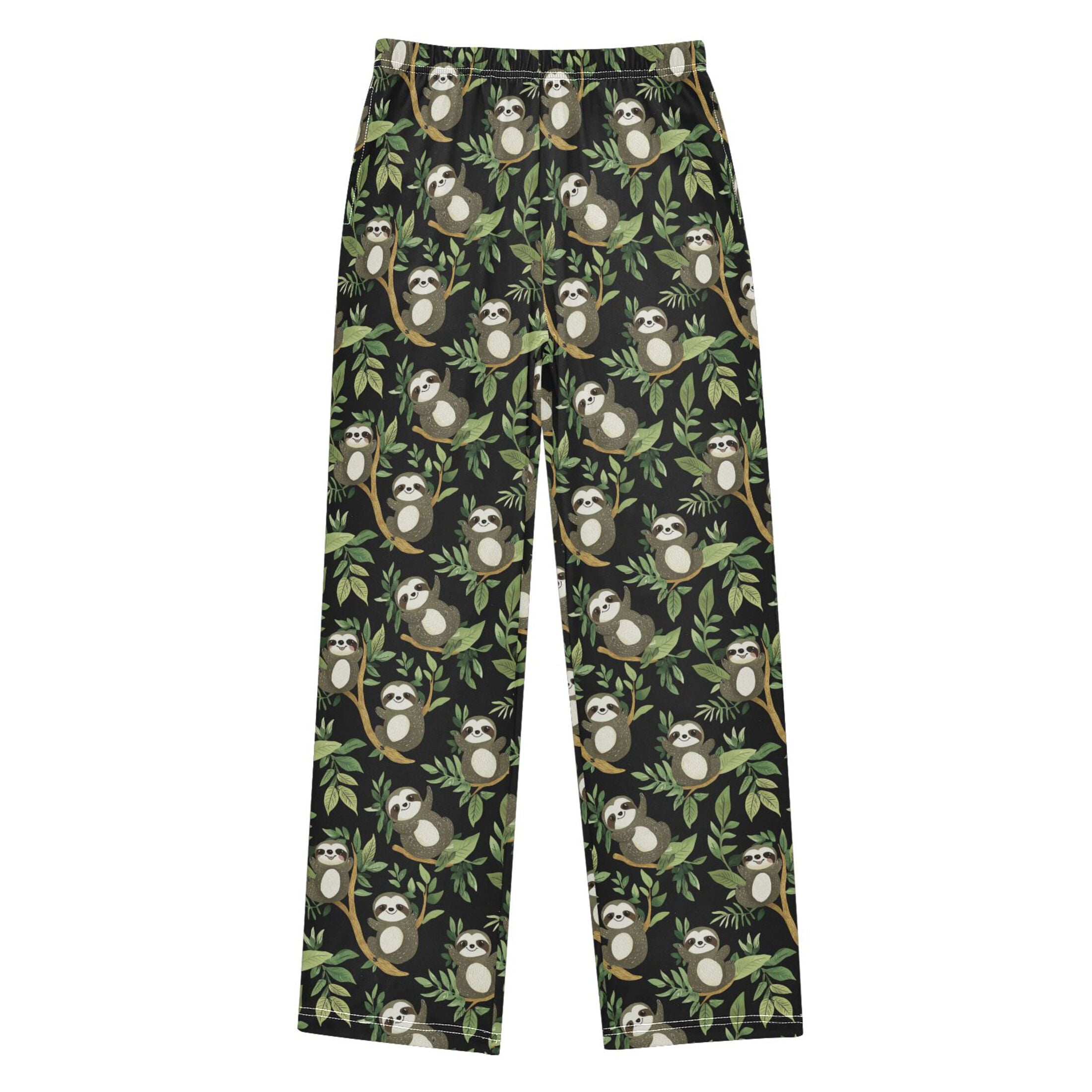 Wobogo Green Leaf Sloth Pattern Long Pajama Pants Bottoms Soft ...