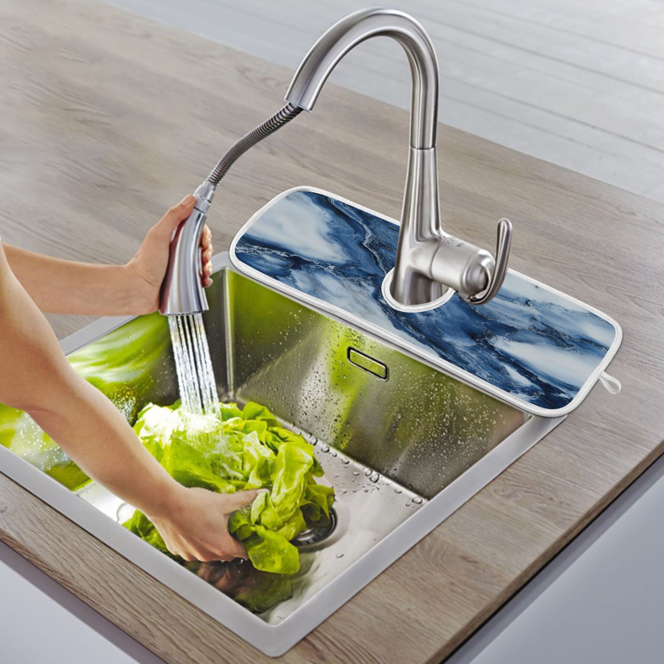 Wobogo Ink Blue White Marble Faucet Drying Mat Set of 2 Sponge Material ...