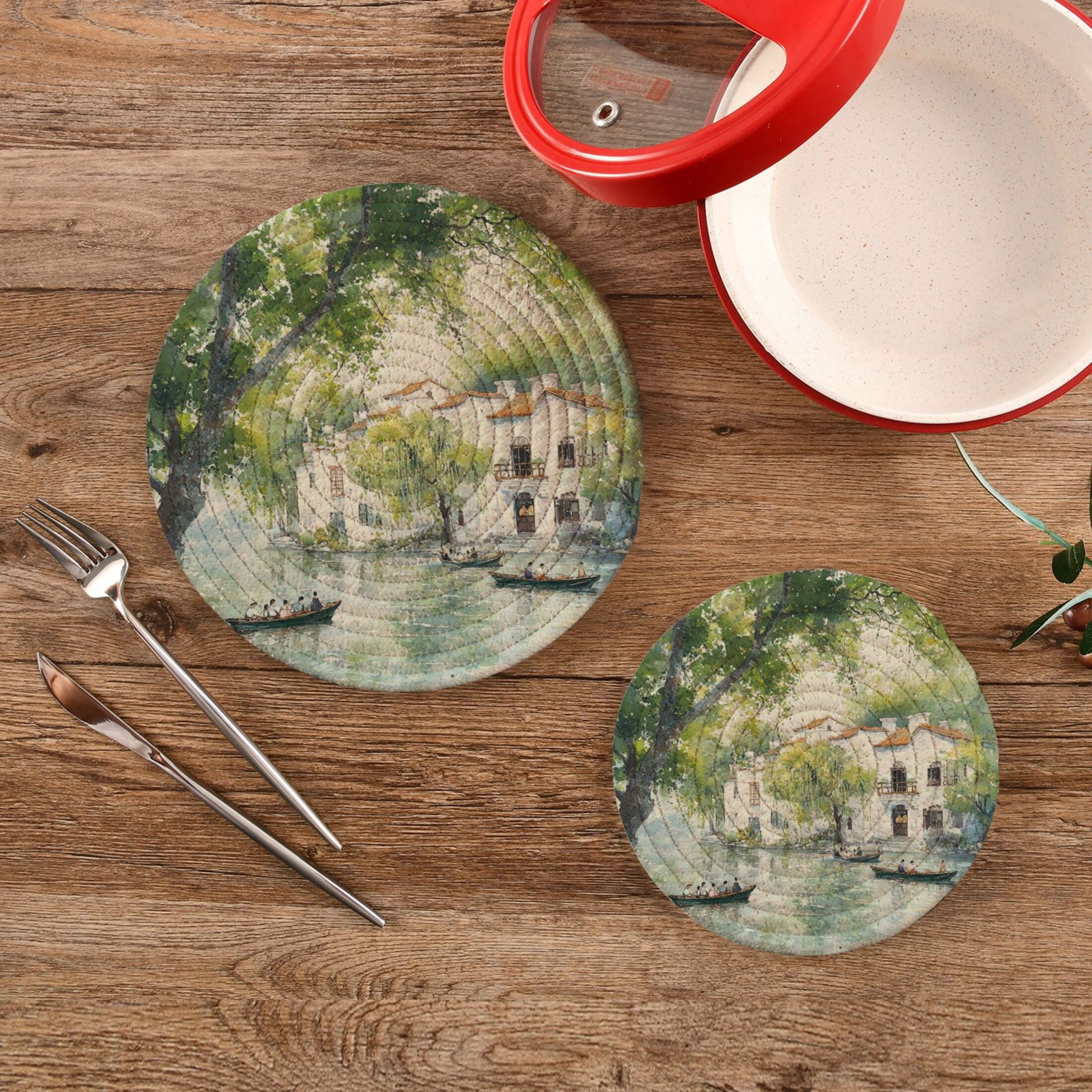 Wobogo Jiangnan Scenery Trivets Potholders Set of 2 Cotton Woven Round ...