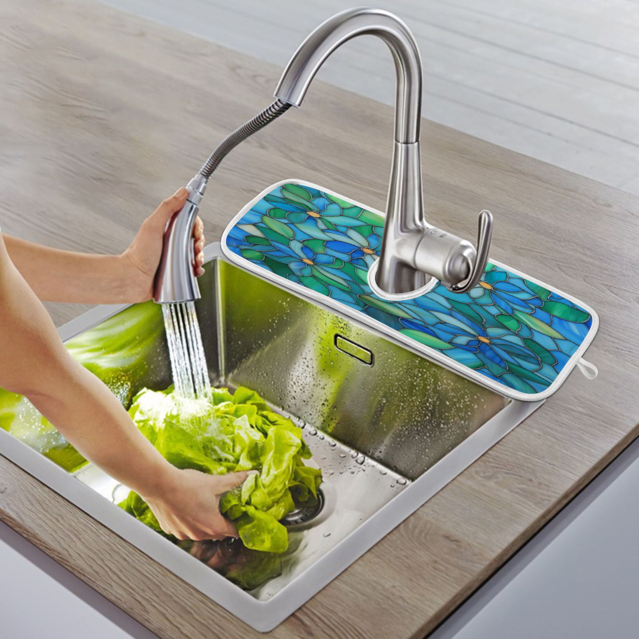 Wobogo Light Blue Green Glass Faucet Drying Mat Set of 2 Sponge ...